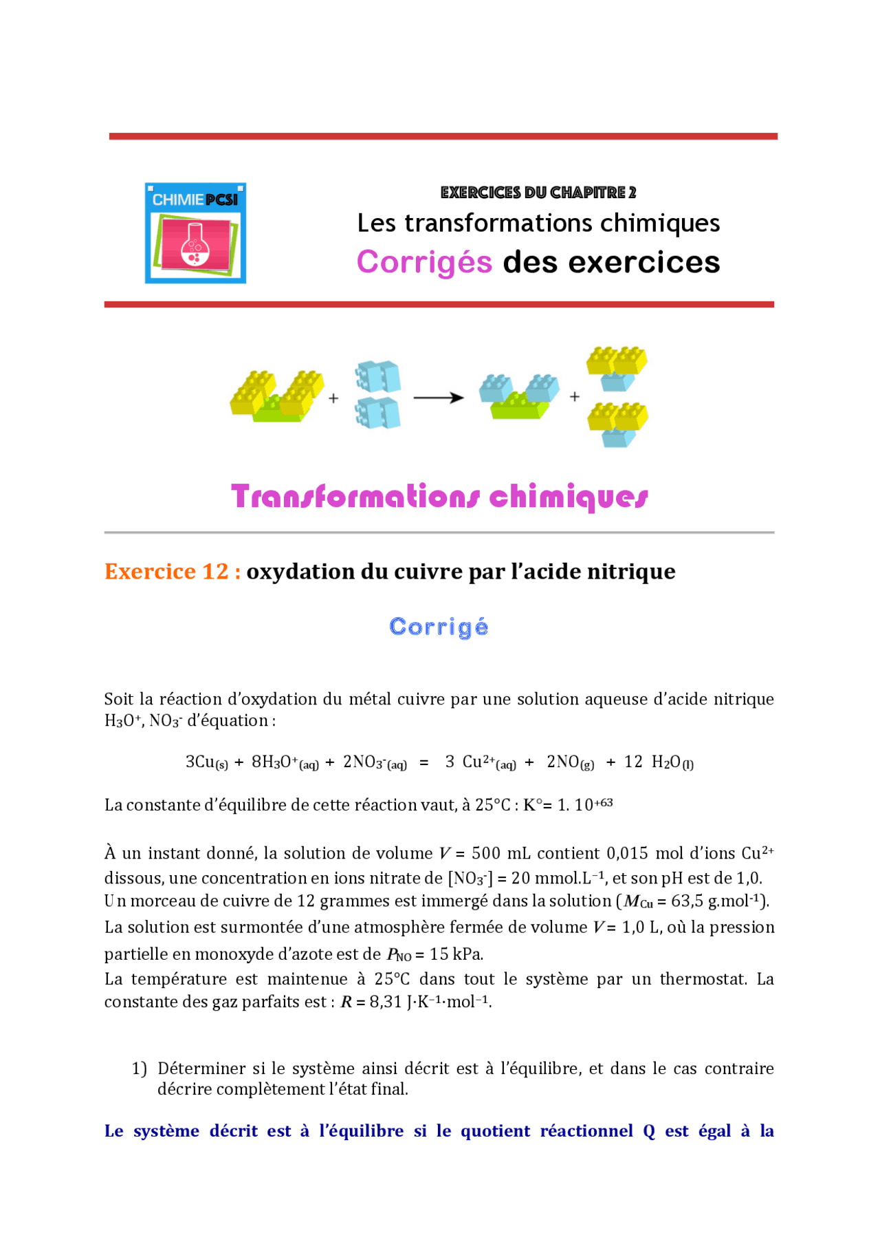 Devoir Maison 1 Chimie En Pcsi 2018 Corrigé Exercices Chimie Docsity