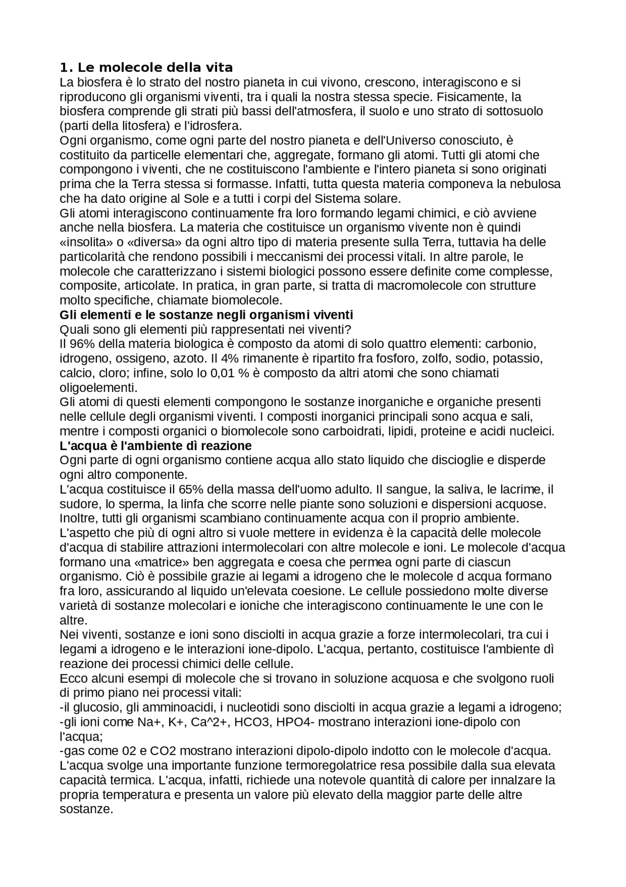 Riassunto Biomolecole Docsity