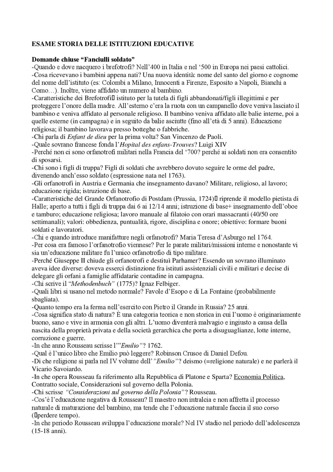 Domande Esame Storia Delle Istituzioni Educative Docsity