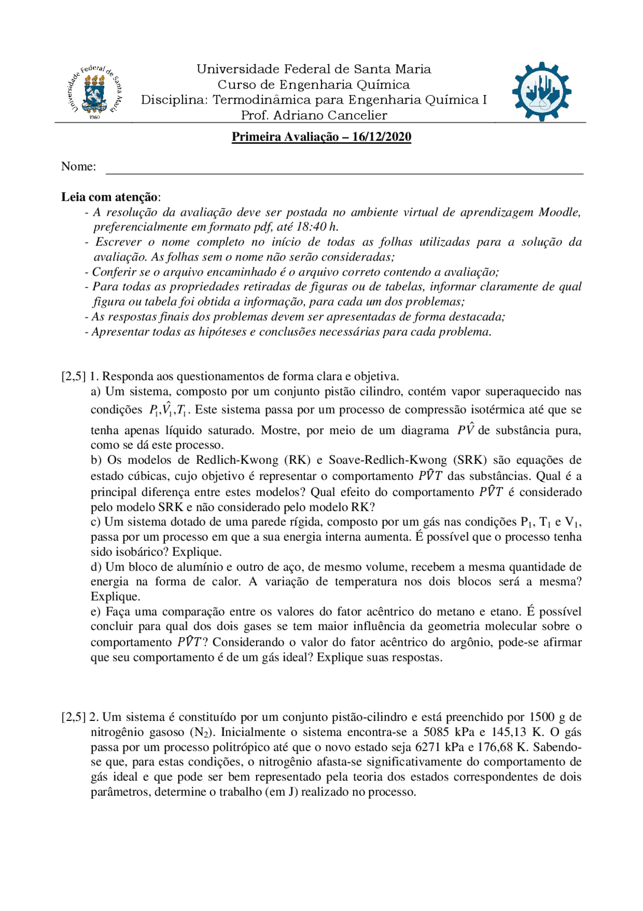 Prova De Termodinamica 1 Docsity