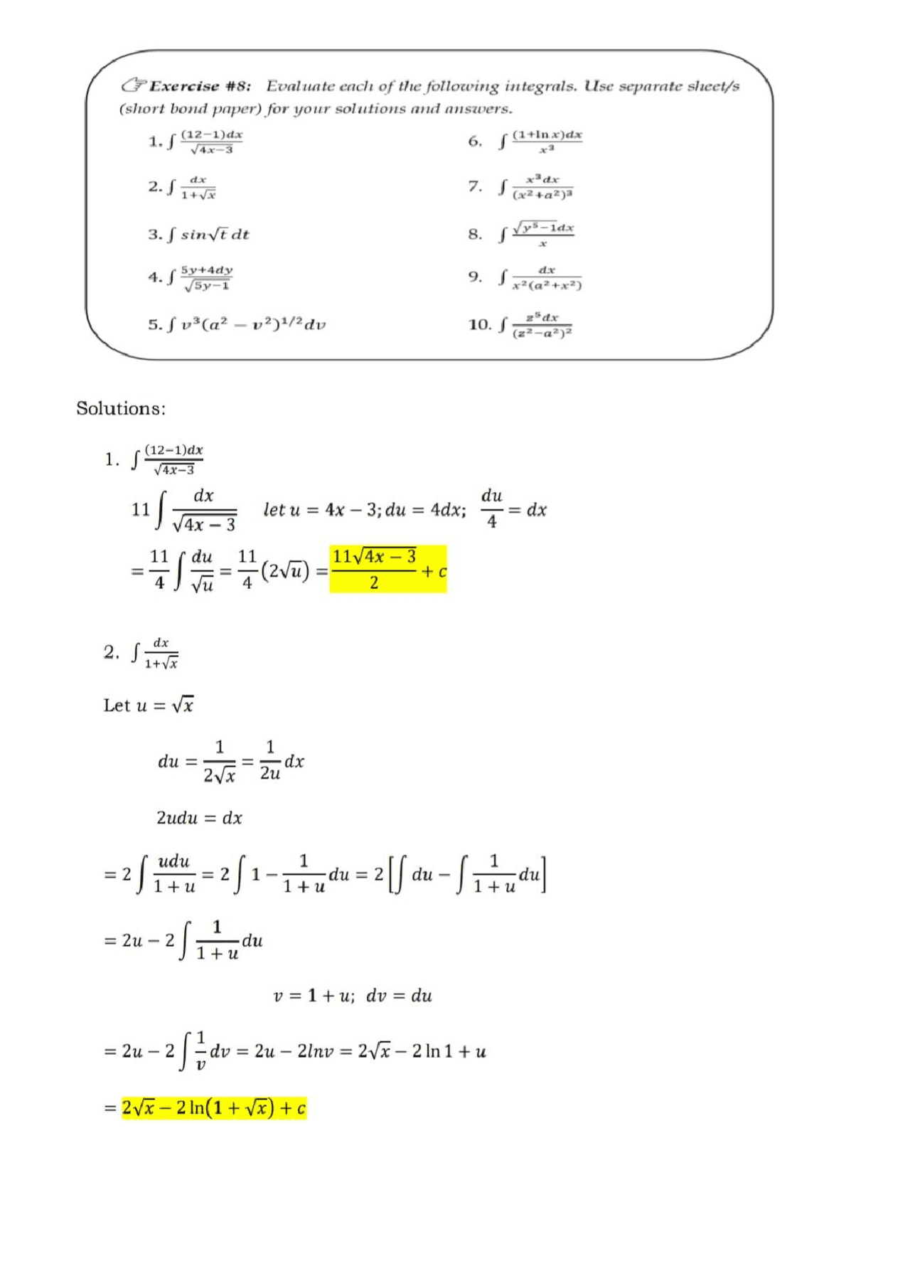 CALCULUS 2 - EXERCISE USING DIFFERENT METHODS OF INTEGRATION WITH ...