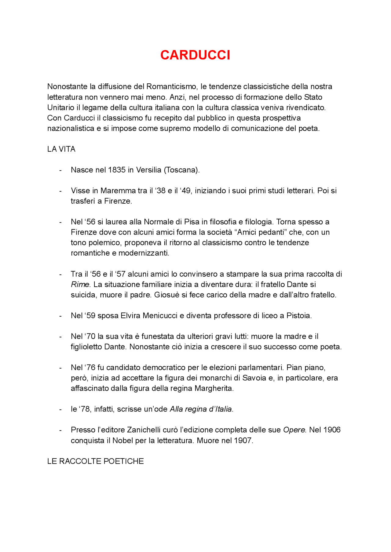Carducci E Il Classicismo Docsity