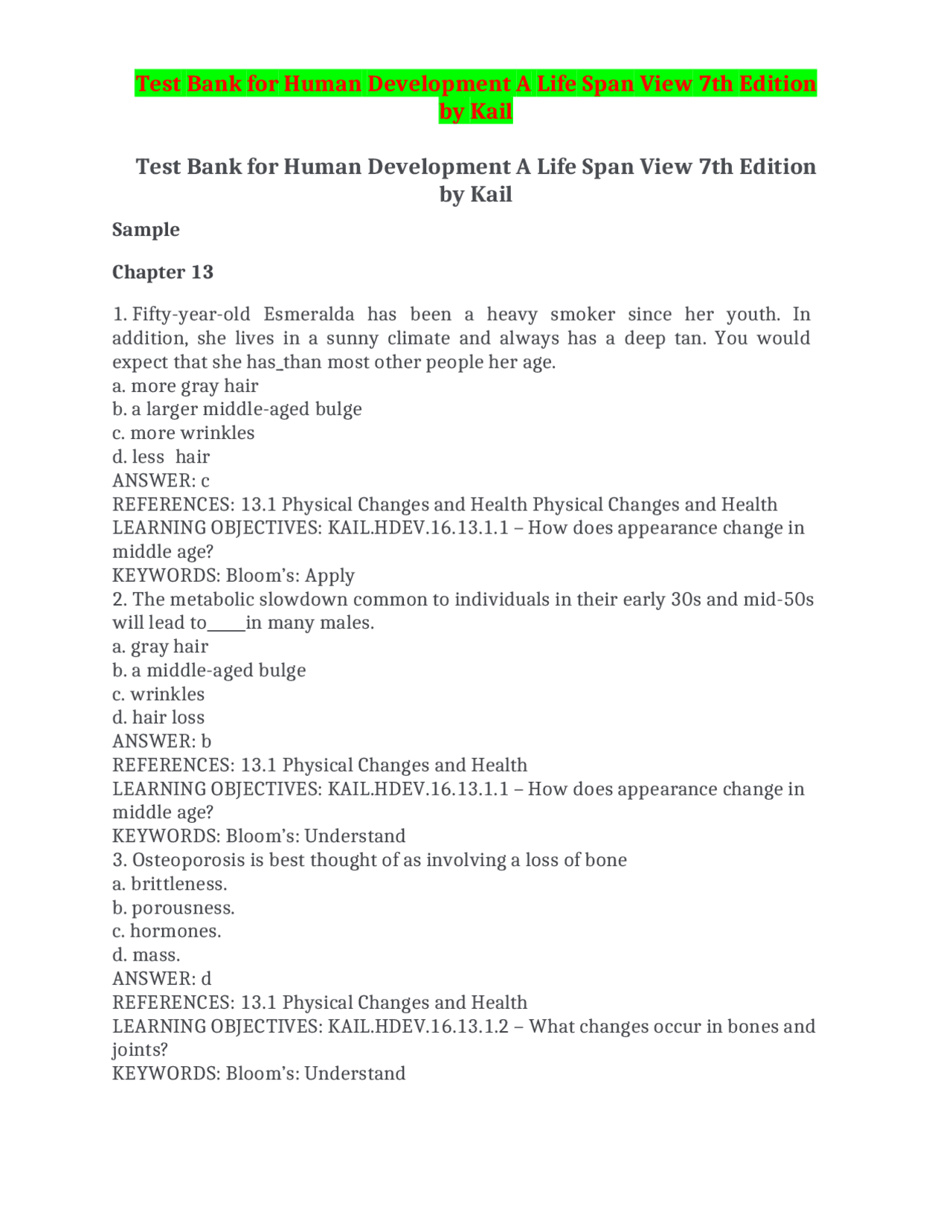 Test Bank For Human Development A Life Span View 7th Edition By Kail