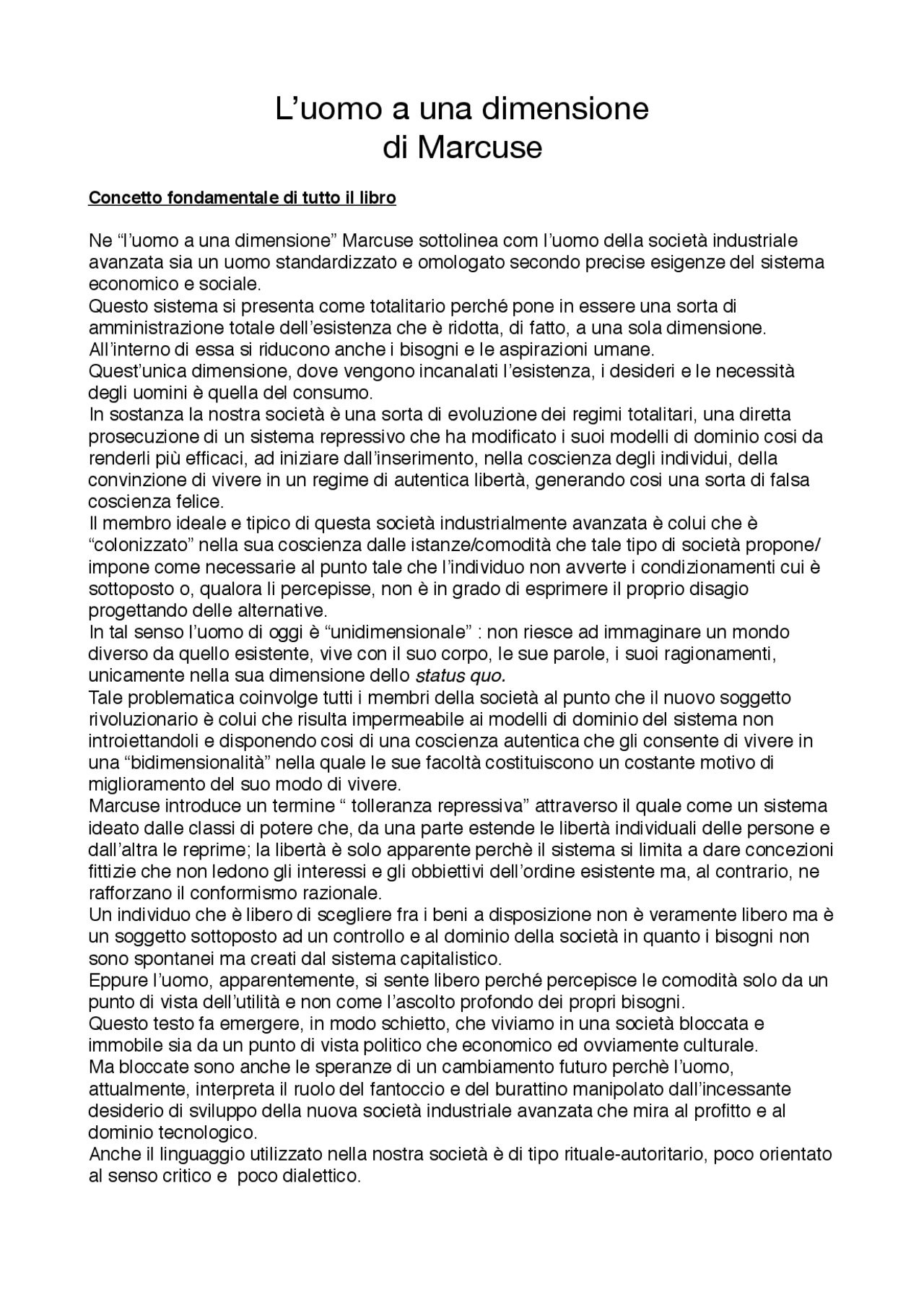 Luomo A Una Dimensione Di Herbert Marcuse Docsity