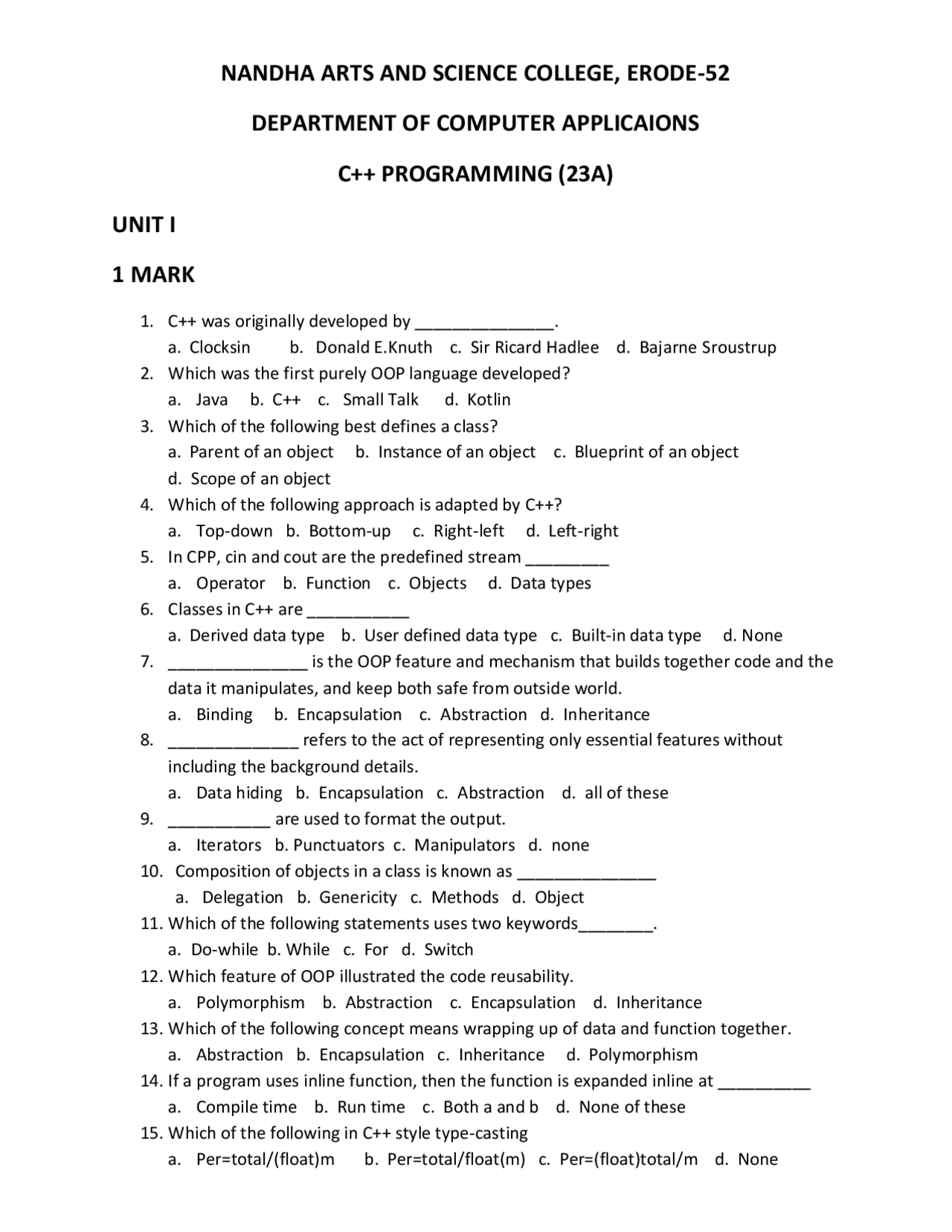 Sample questions for each unit in C++ - Docsity