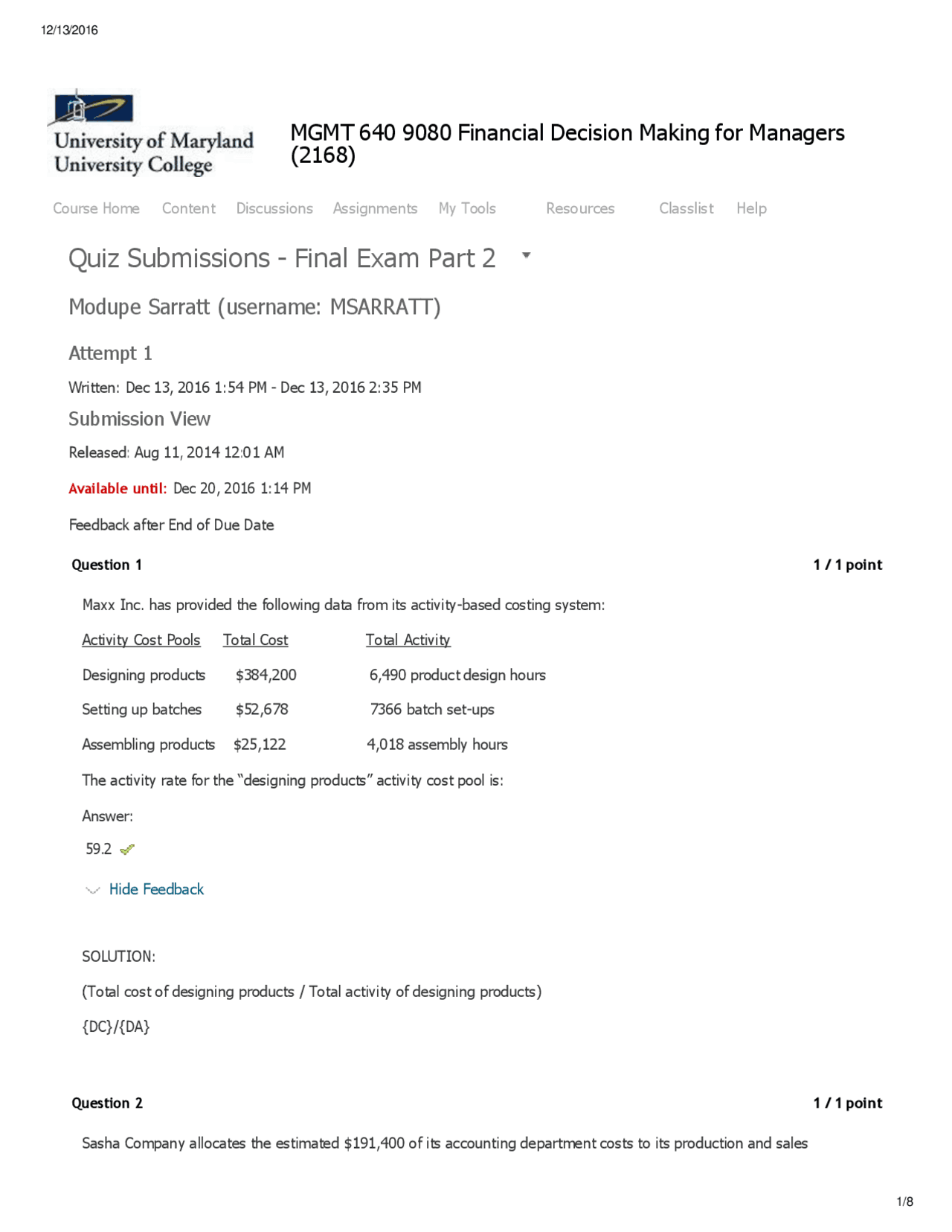 MGMT 640 Quiz Submissions - Final Exam Part 2 - Docsity