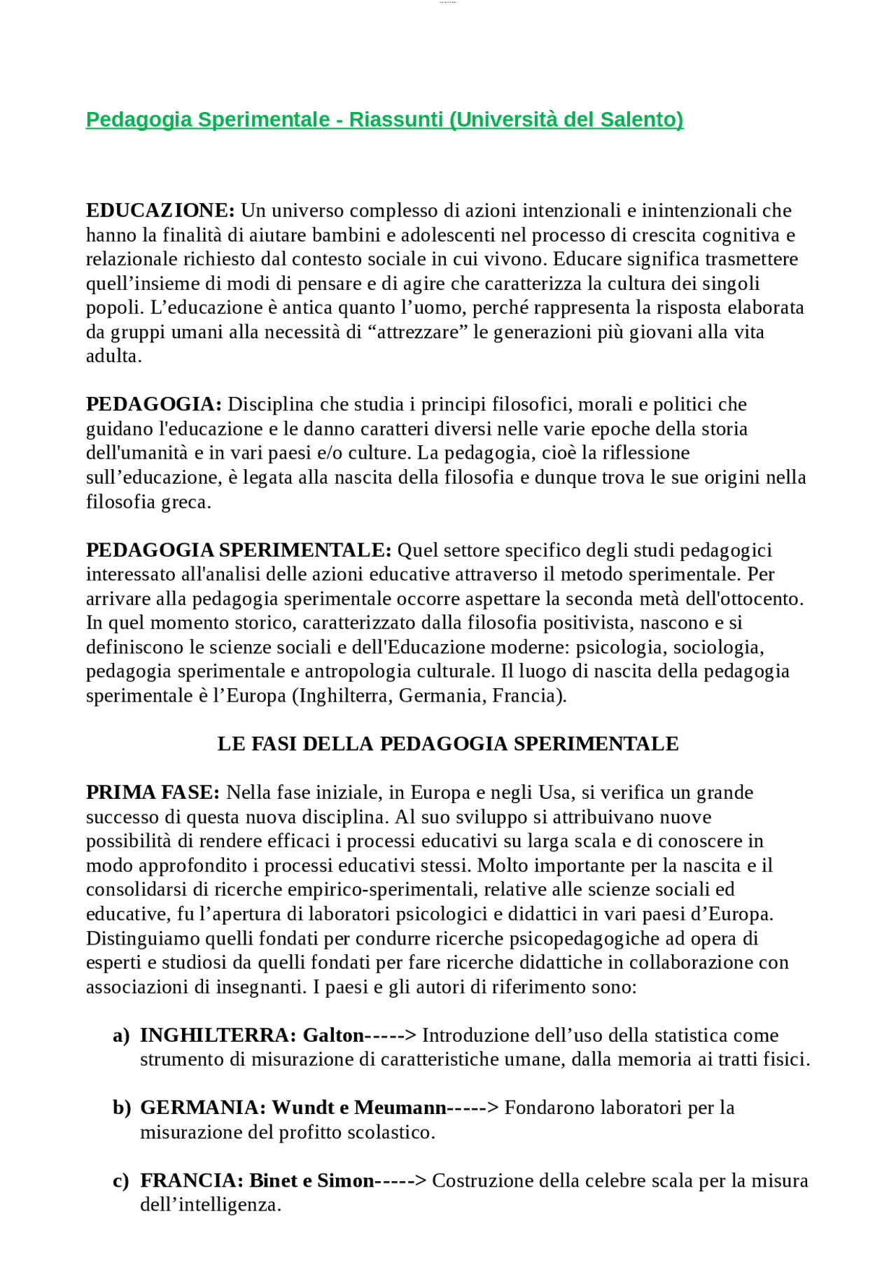 Pedagogia Sperimentale Riassunti Università Del Salento Docsity