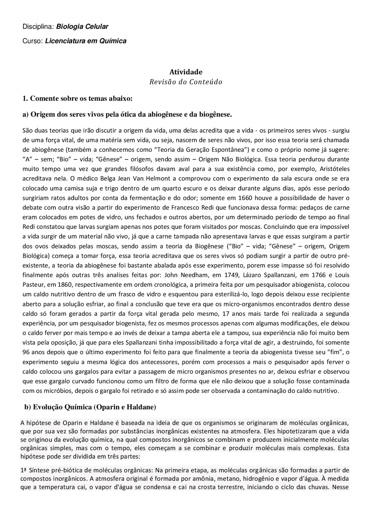 Revisão E Resumo Do Conteúdo De Biologia Celular Docsity