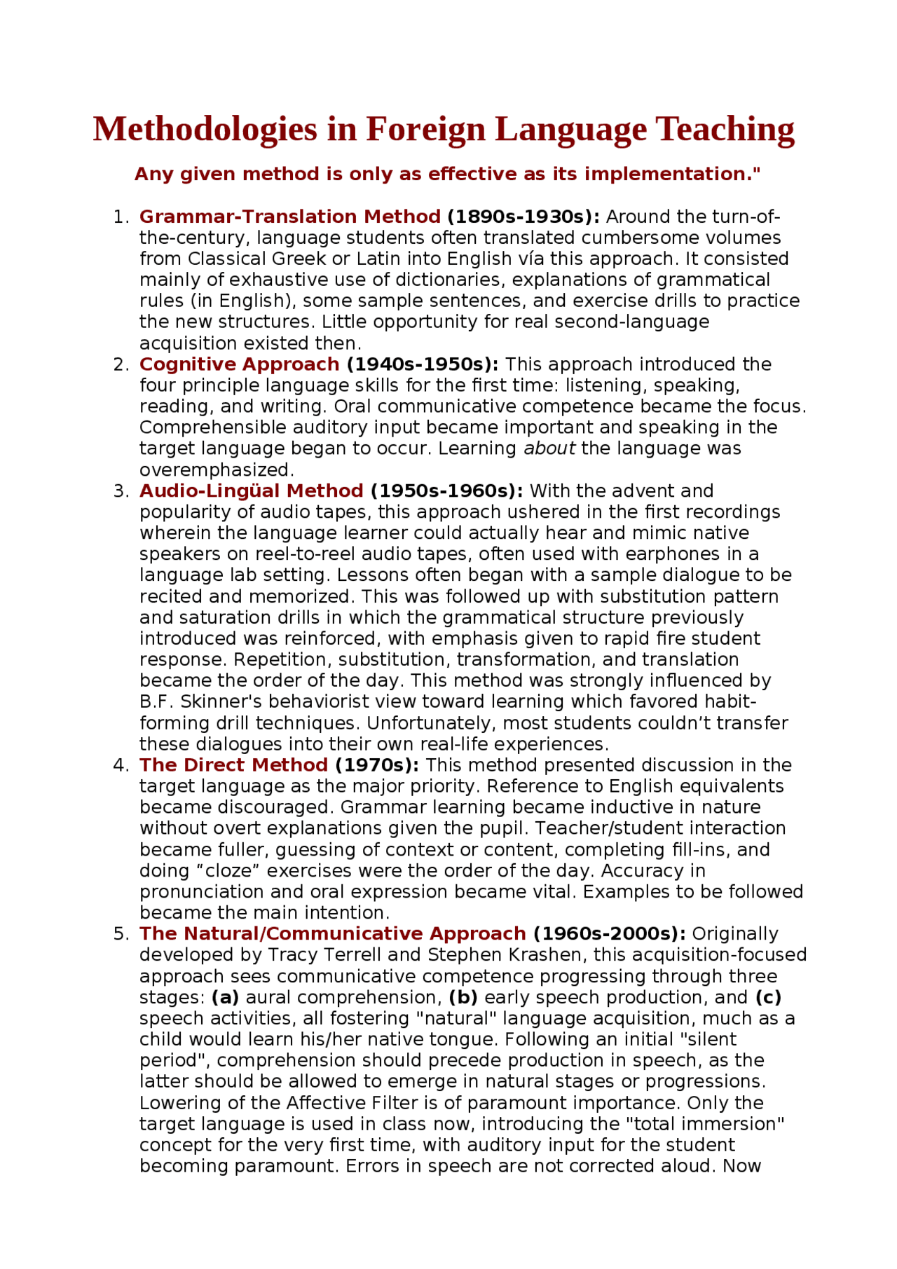 Methodologies In Foreign Language Teaching Docsity
