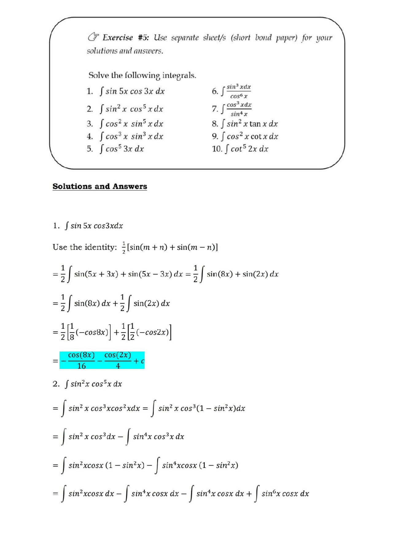 Calculus 2 Exercise Using U Substitution With Detailed Solution Docsity