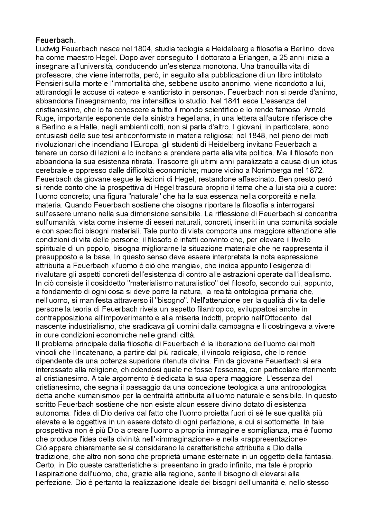 Riassunto Feuerbach Filosofia Docsity
