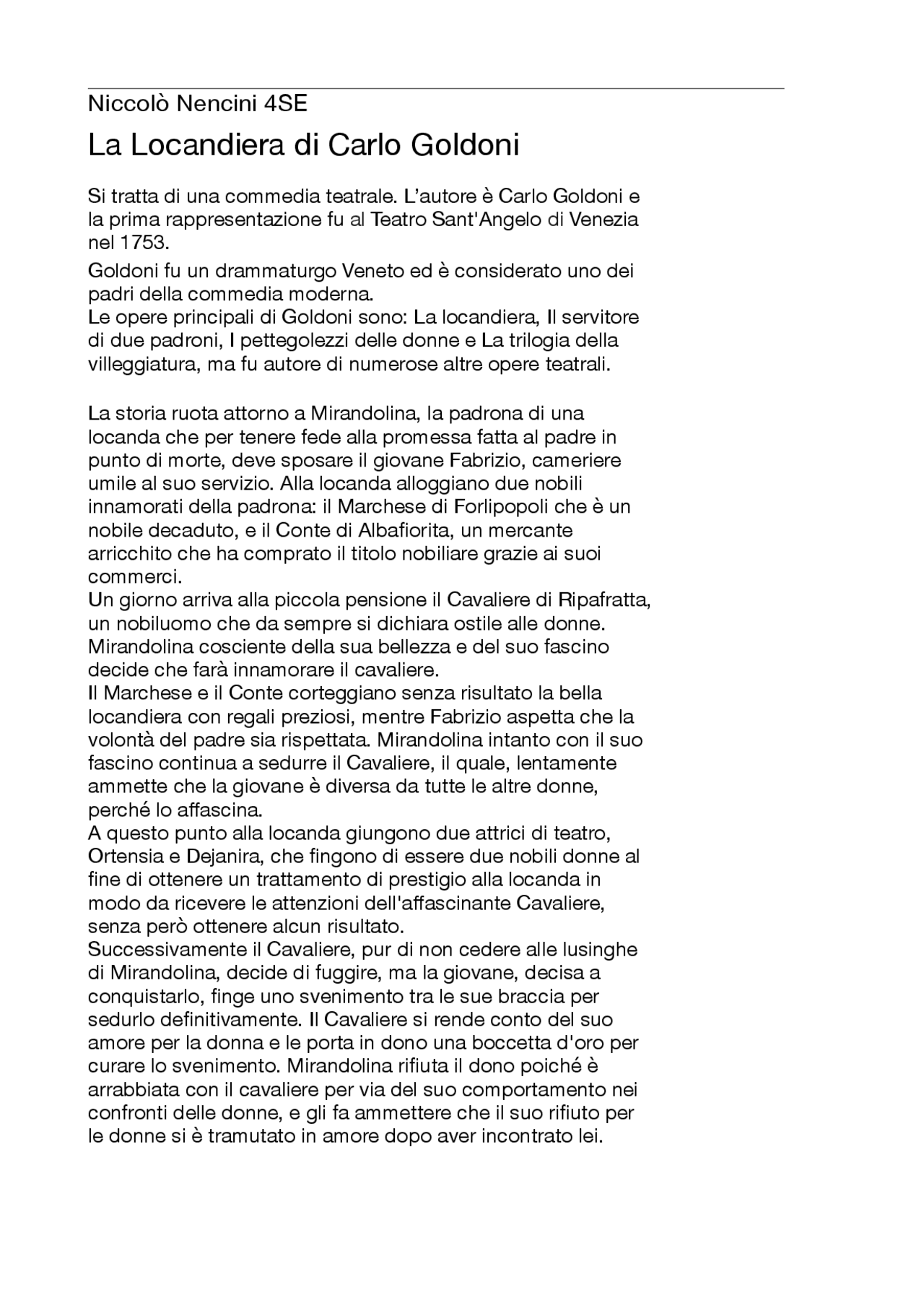 Scheda Libro La Locandiera Di Carlo Goldoni Docsity