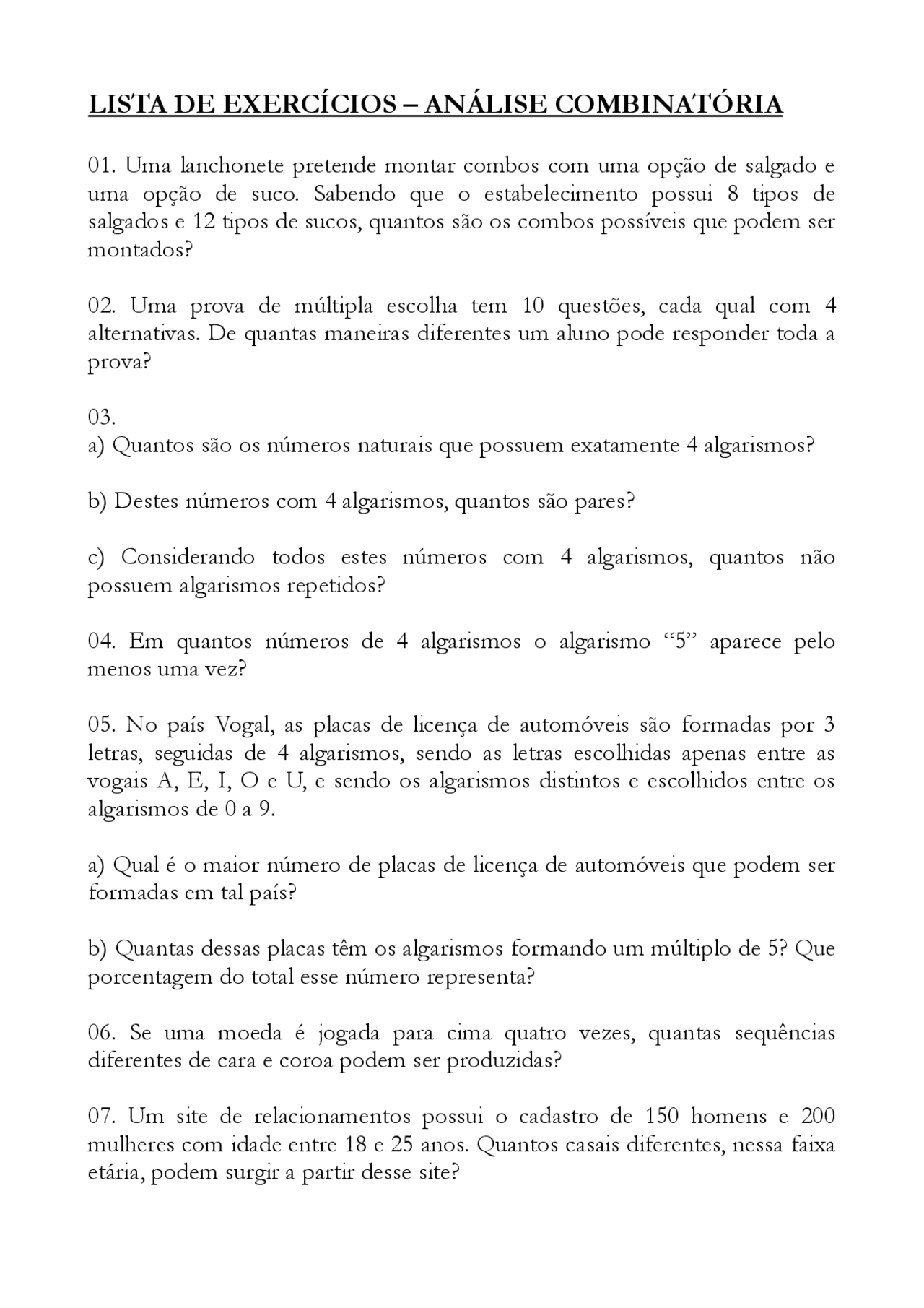 Exercícios Análise Combinatória Parte 1 Exercícios Matemática