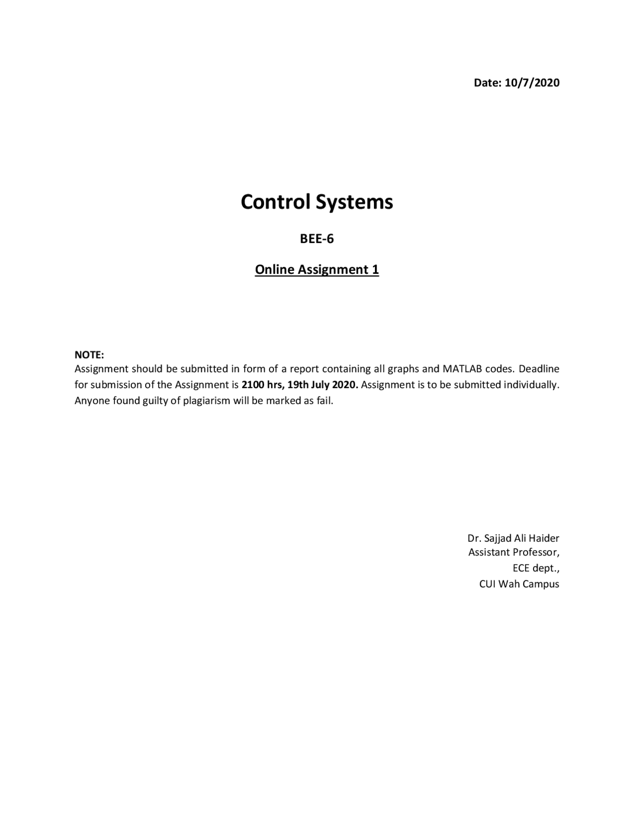 Calculation of a Transfer Function and verification from MATLAB | Assignments Control Systems ...