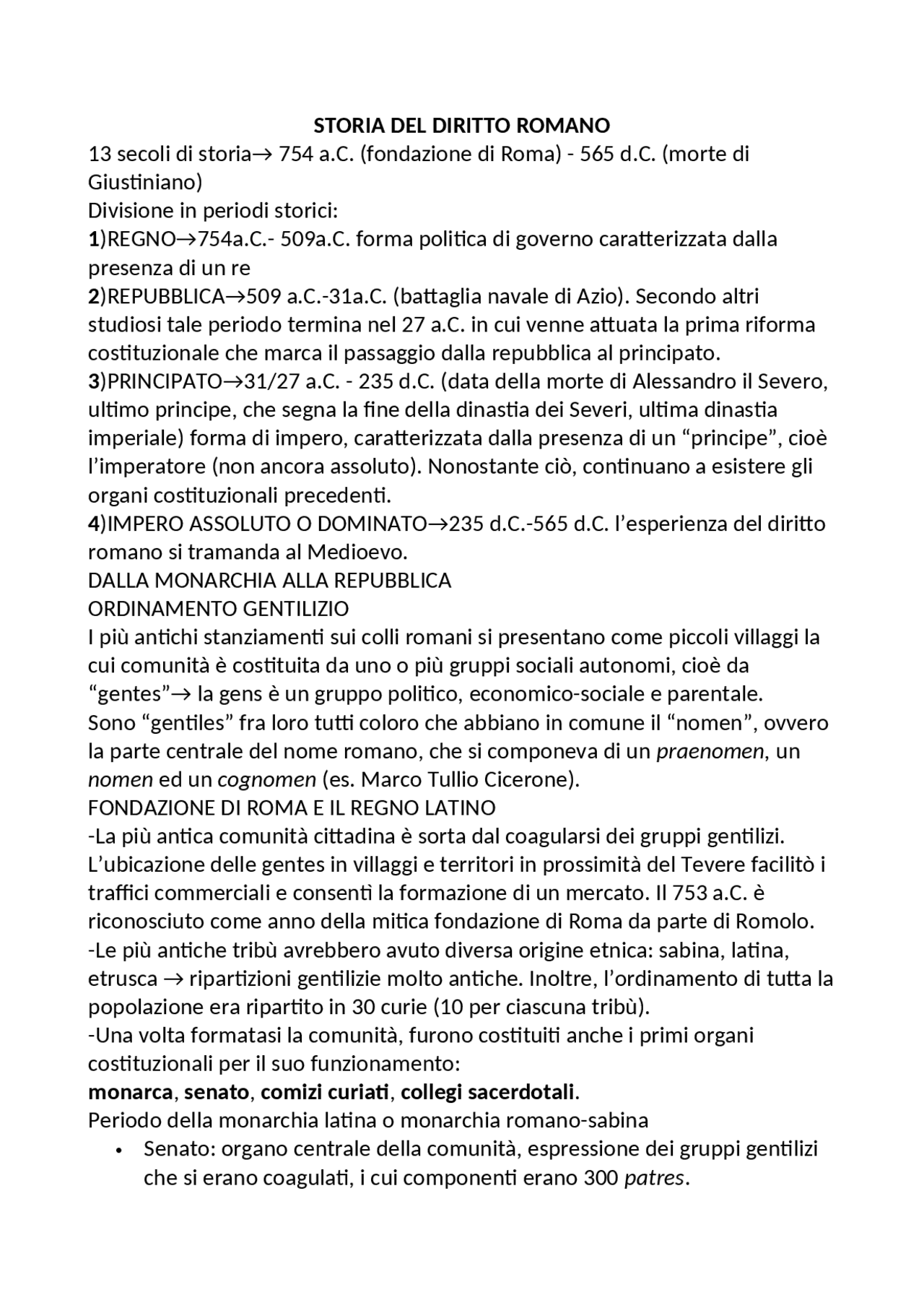 SCHEMI Storia del diritto romano Parte 1 - Docsity