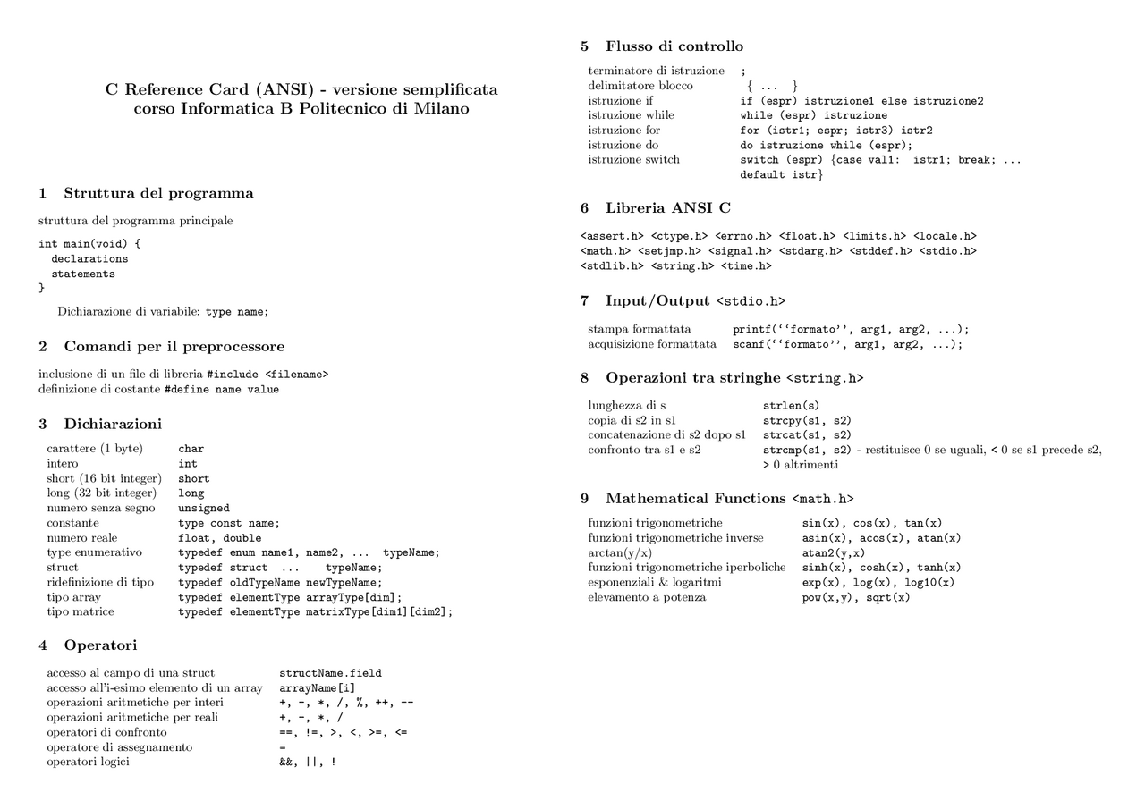 Schema Comandi E Funzioni Cmatlab Docsity