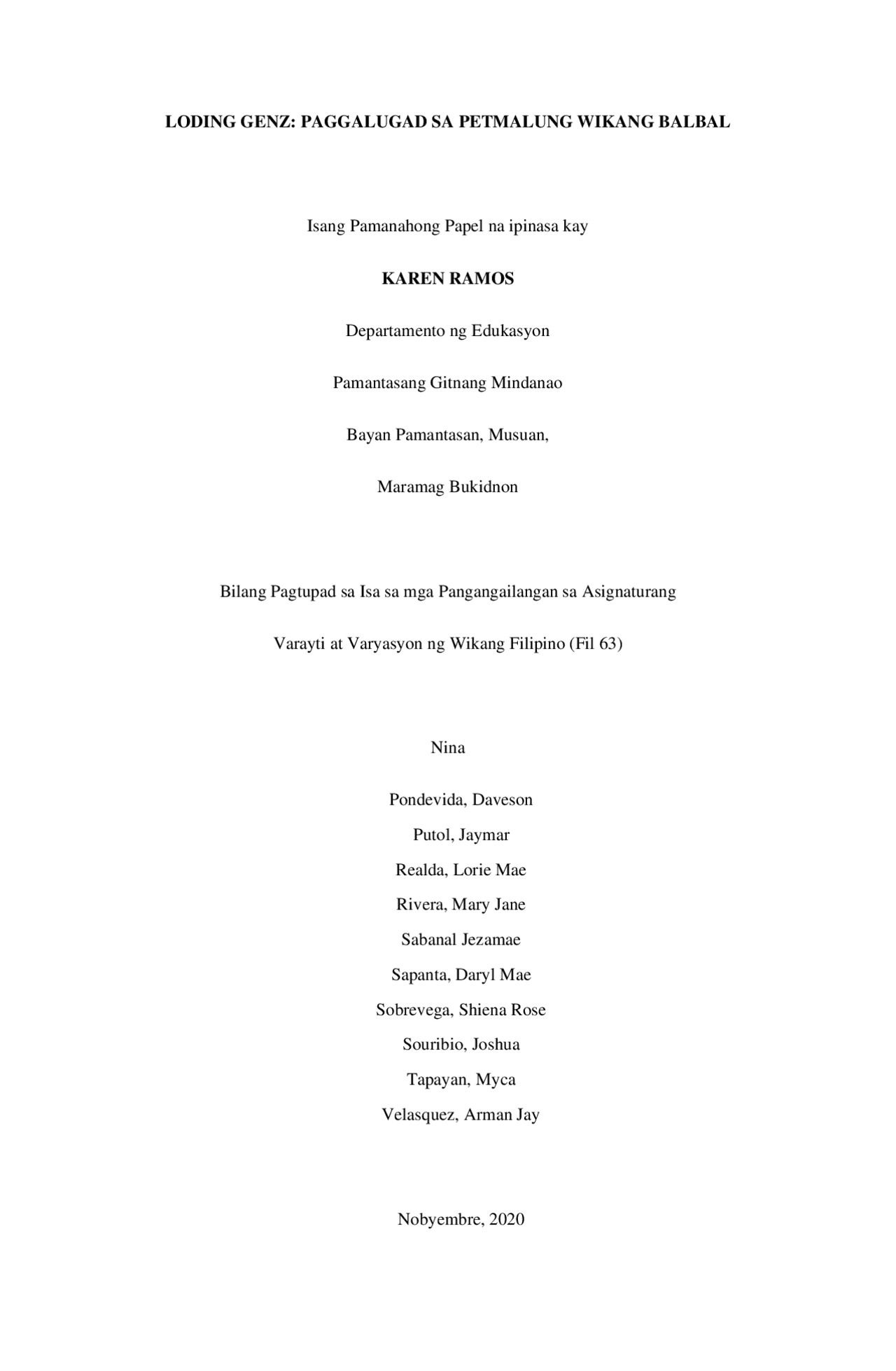 LODING GENZ: PAGGALUGAD SA PETMALUNG WIKANG BALBAL - Docsity