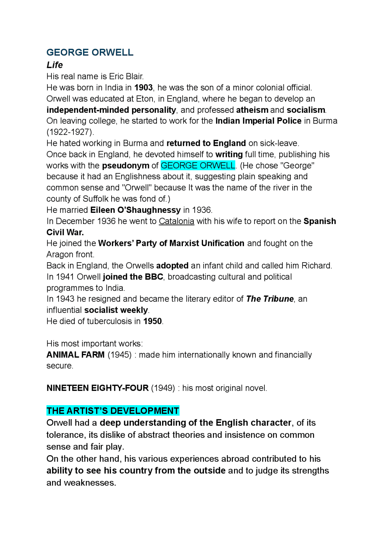 GEORGE ORWELL (life, themes and 1984) - Docsity