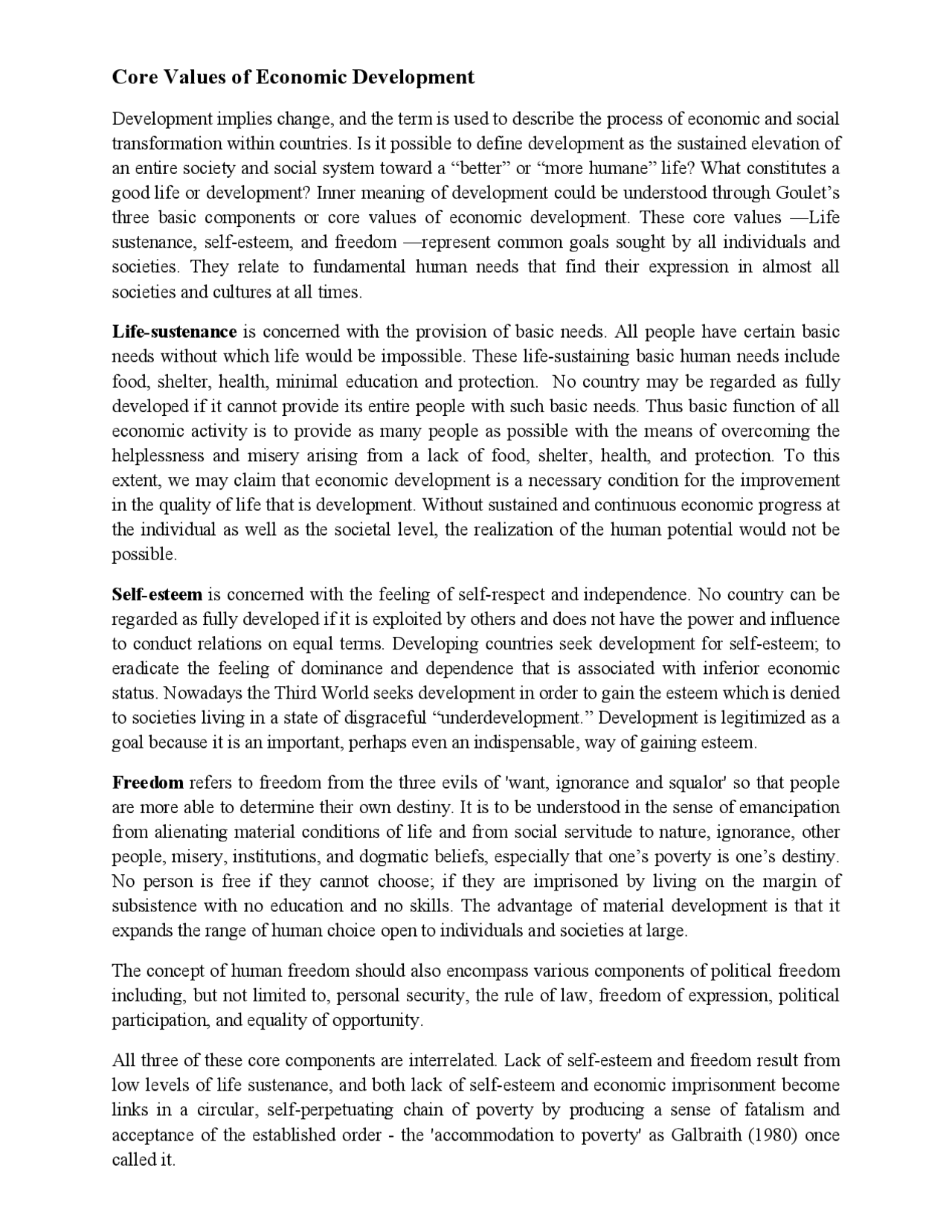 Core values of economic development | Study notes Economics | Docsity