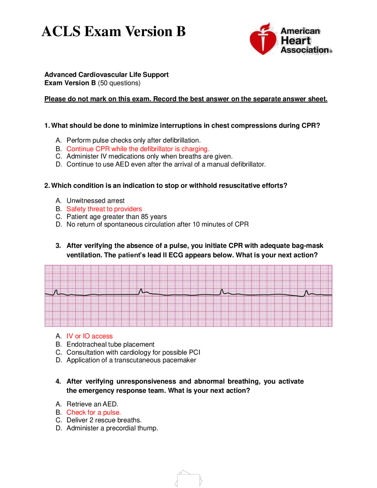 ACLS Exam Version B/Advanced Cardiovascular Life Support Exam Version B ...