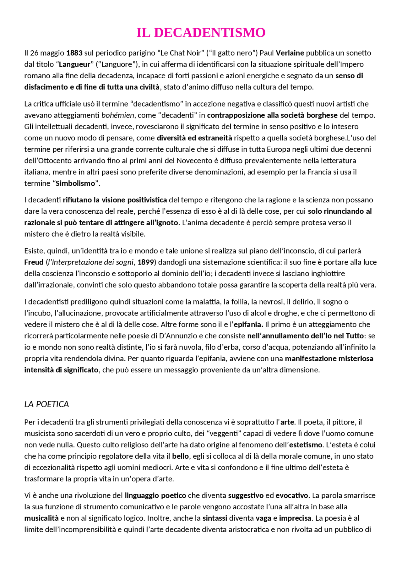 Decadentismo E Simbolismo Poetica E Temi Docsity