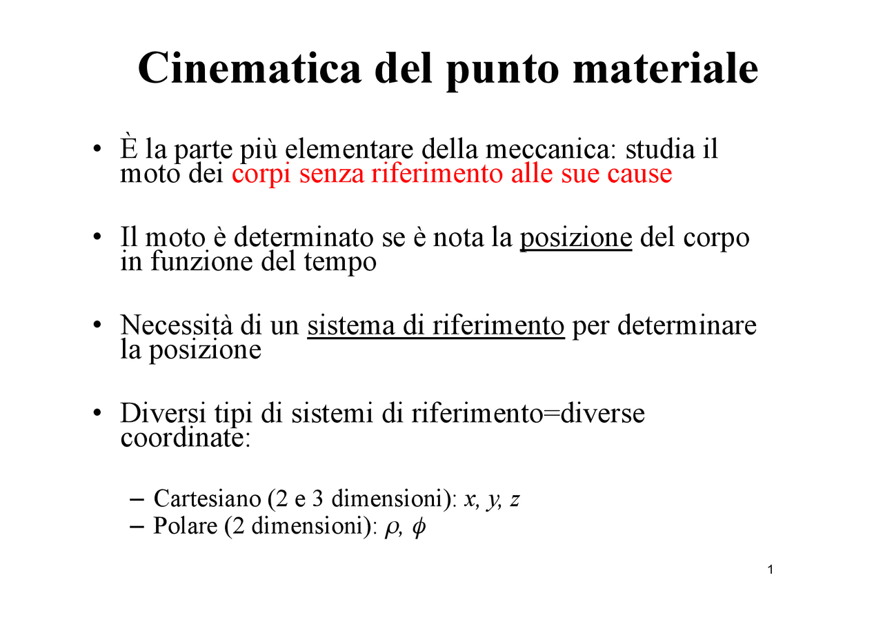 Cinematica del punto materiale - Docsity