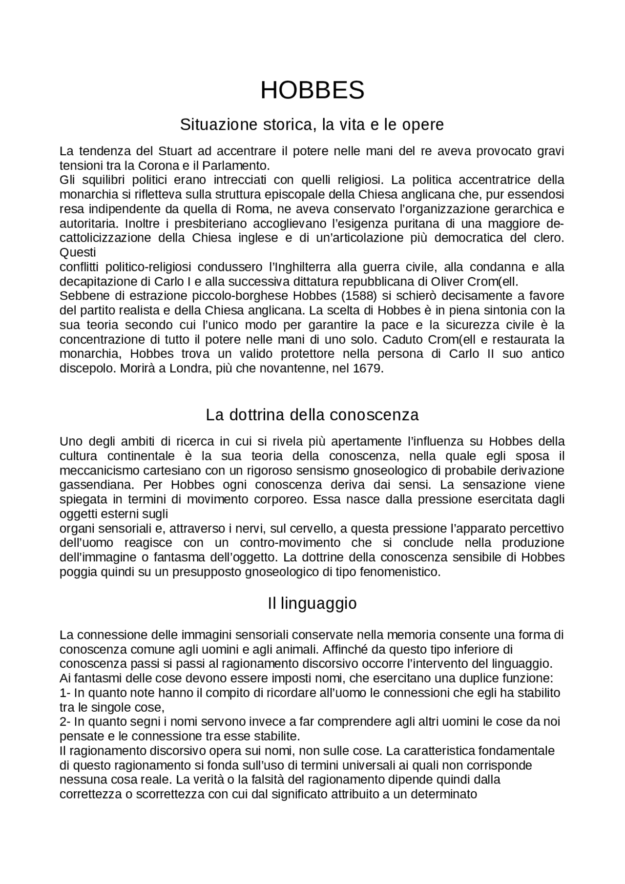 Storia Della Filosofia Hobbes Riassunto Docsity