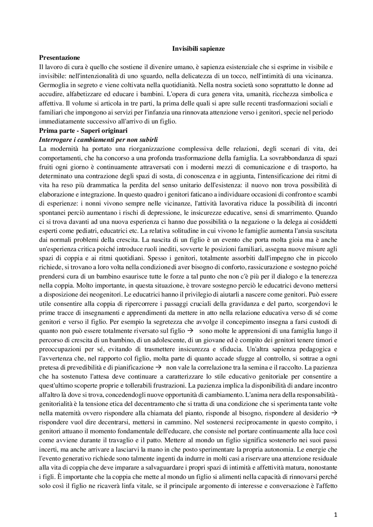 Invisibili Sapienze Pratiche Di Cura Al Nido Docsity