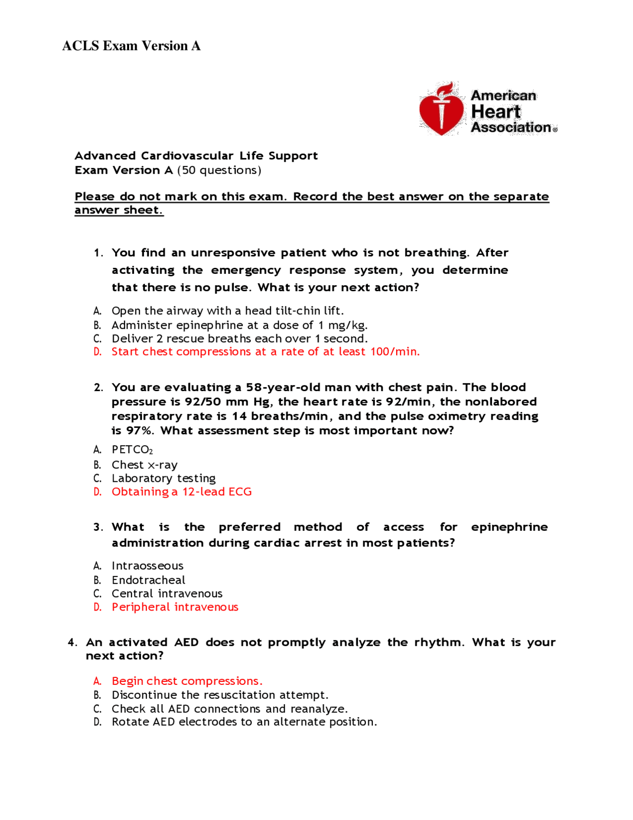 Acls Exam Version A Graded A Exams Philology Docsity
