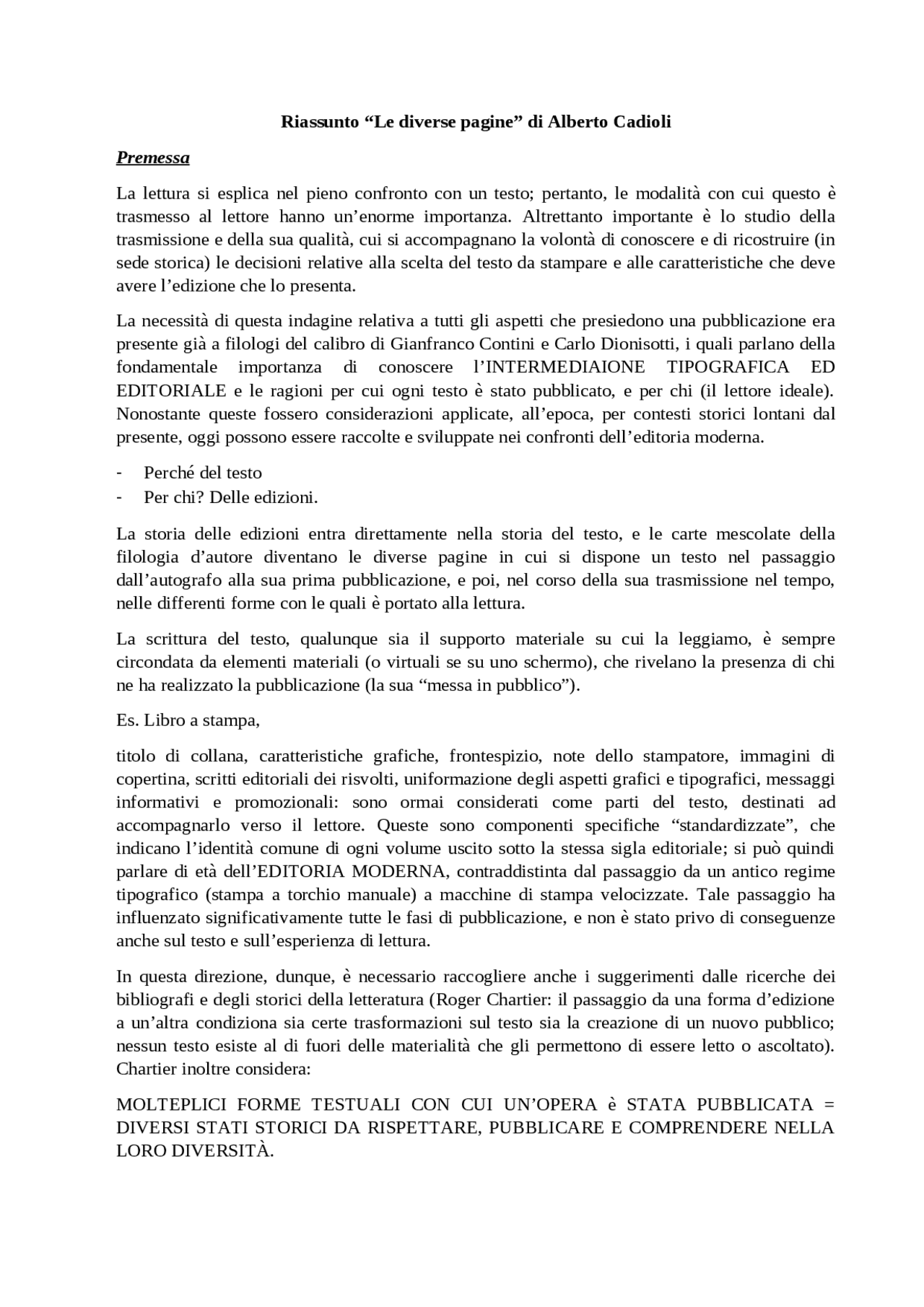 Riassunto Manuale Le Diverse Pagine Di A Cadioli Docsity