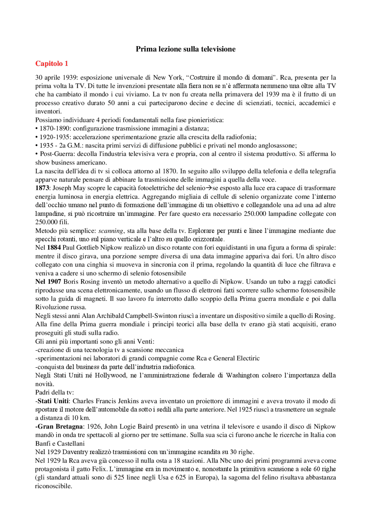 Prima Lezione Sulla Televisione Docsity