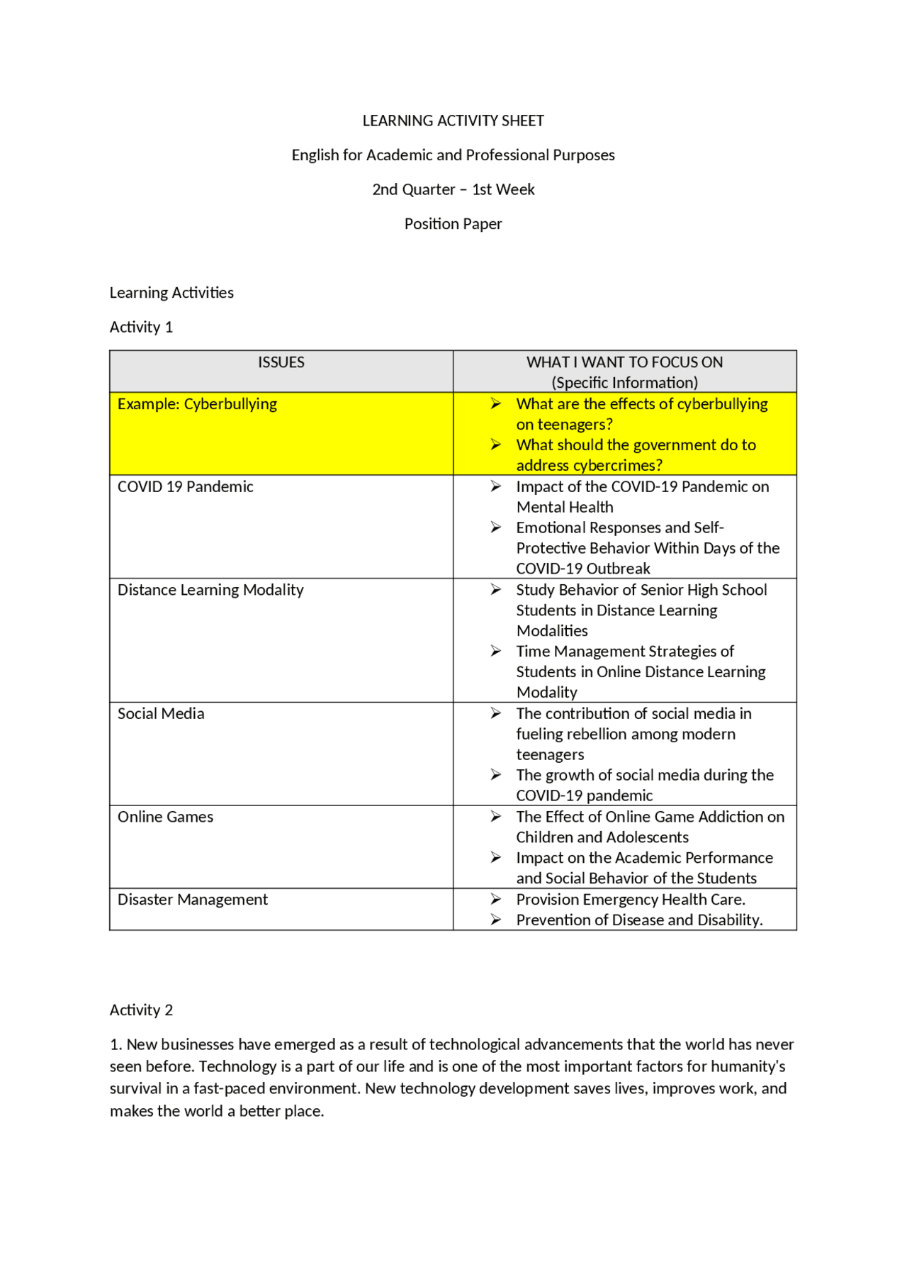 LEARNING ACTIVITY SHEET English for Academic and Professional Purposes ...