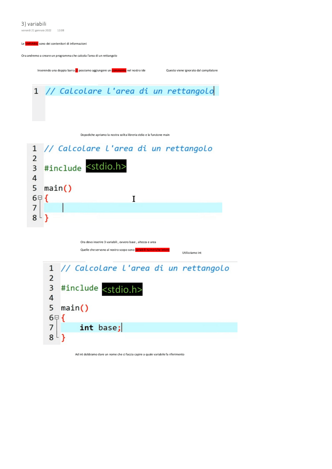 3. Programmare in C ( le variabili) | Appunti di Programmazione C | Docsity