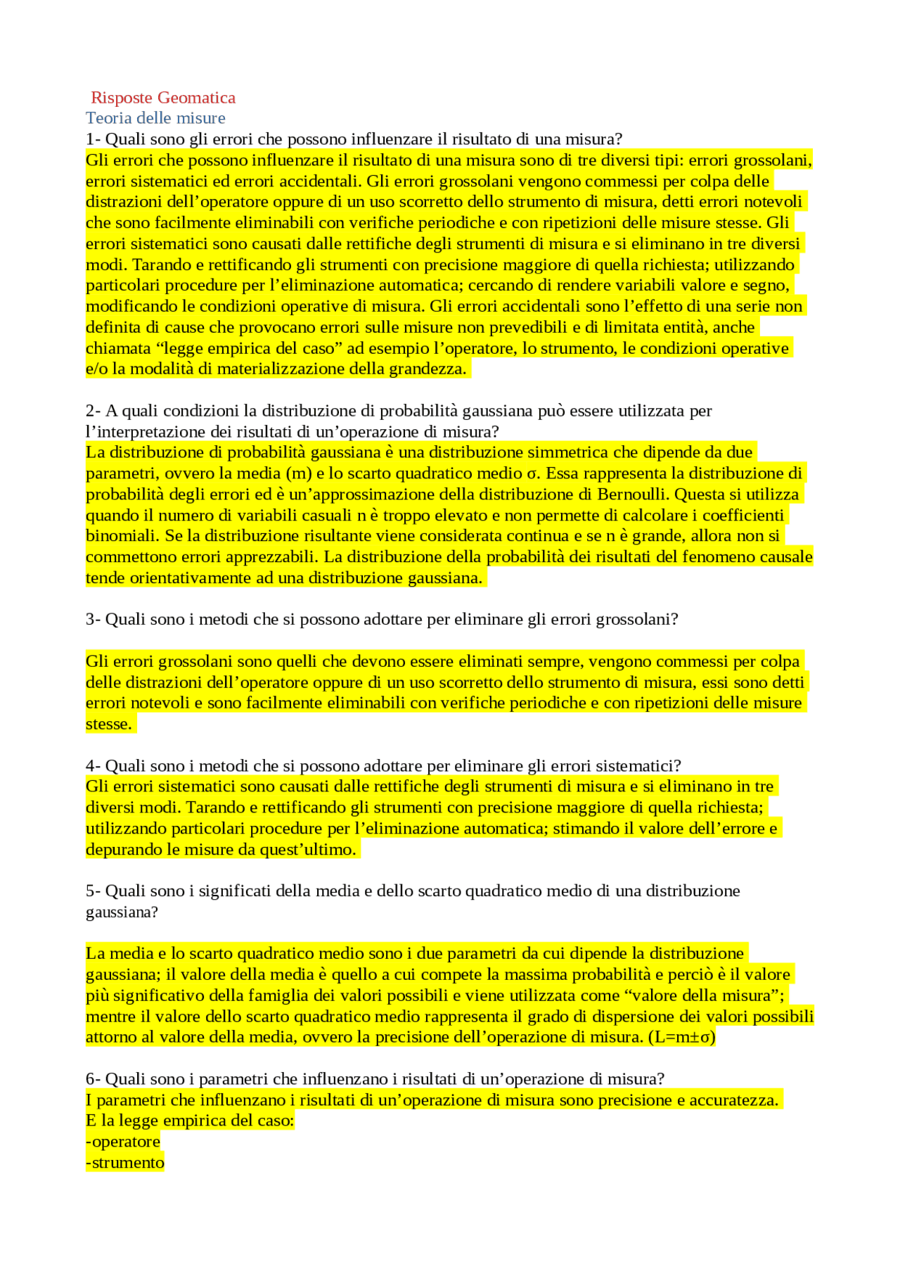 Risposte Geomatica Esempio Esame Docsity