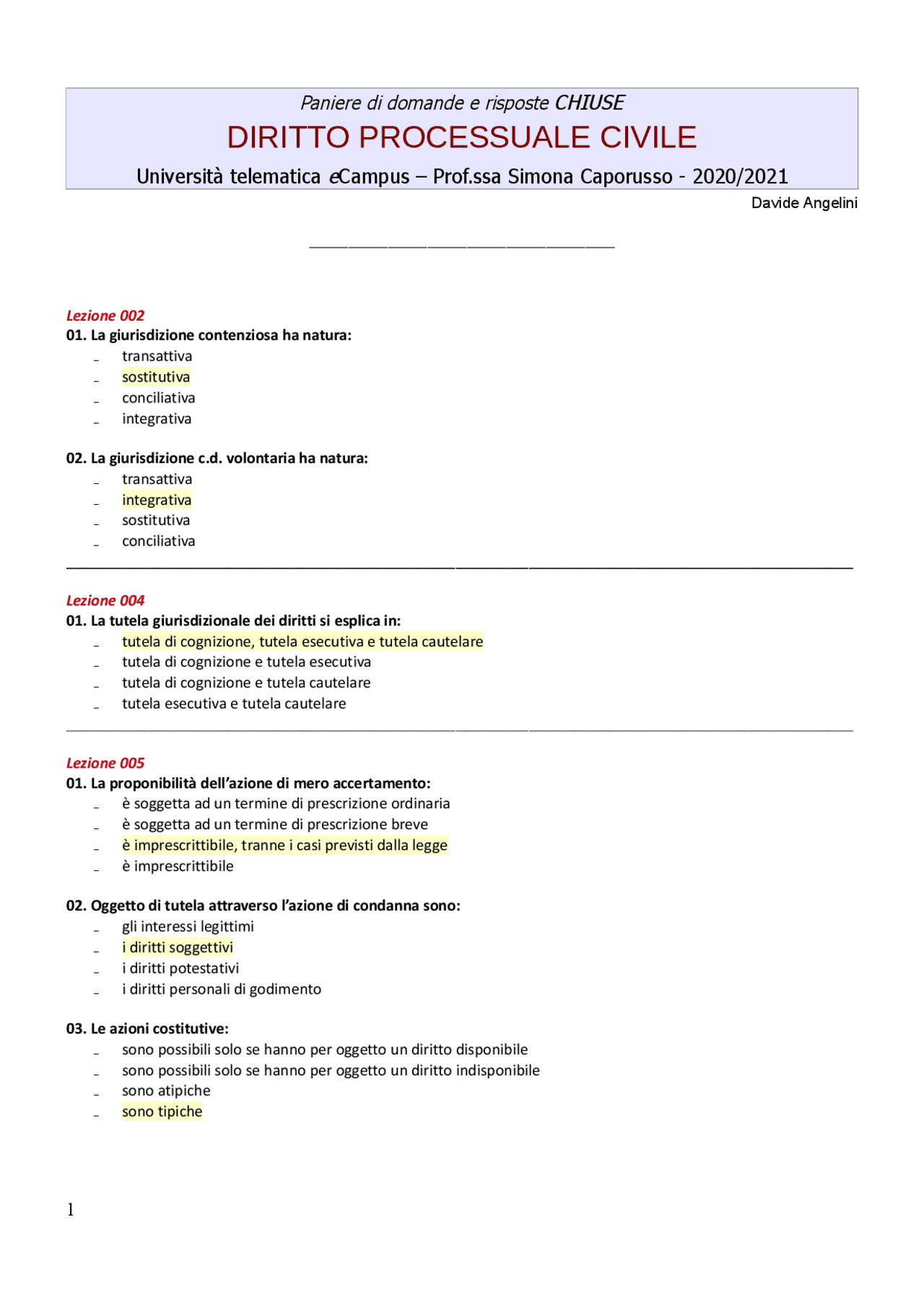 Paniere Risposte Chiuse Diritto Processuale Civile Ecampus Prof
