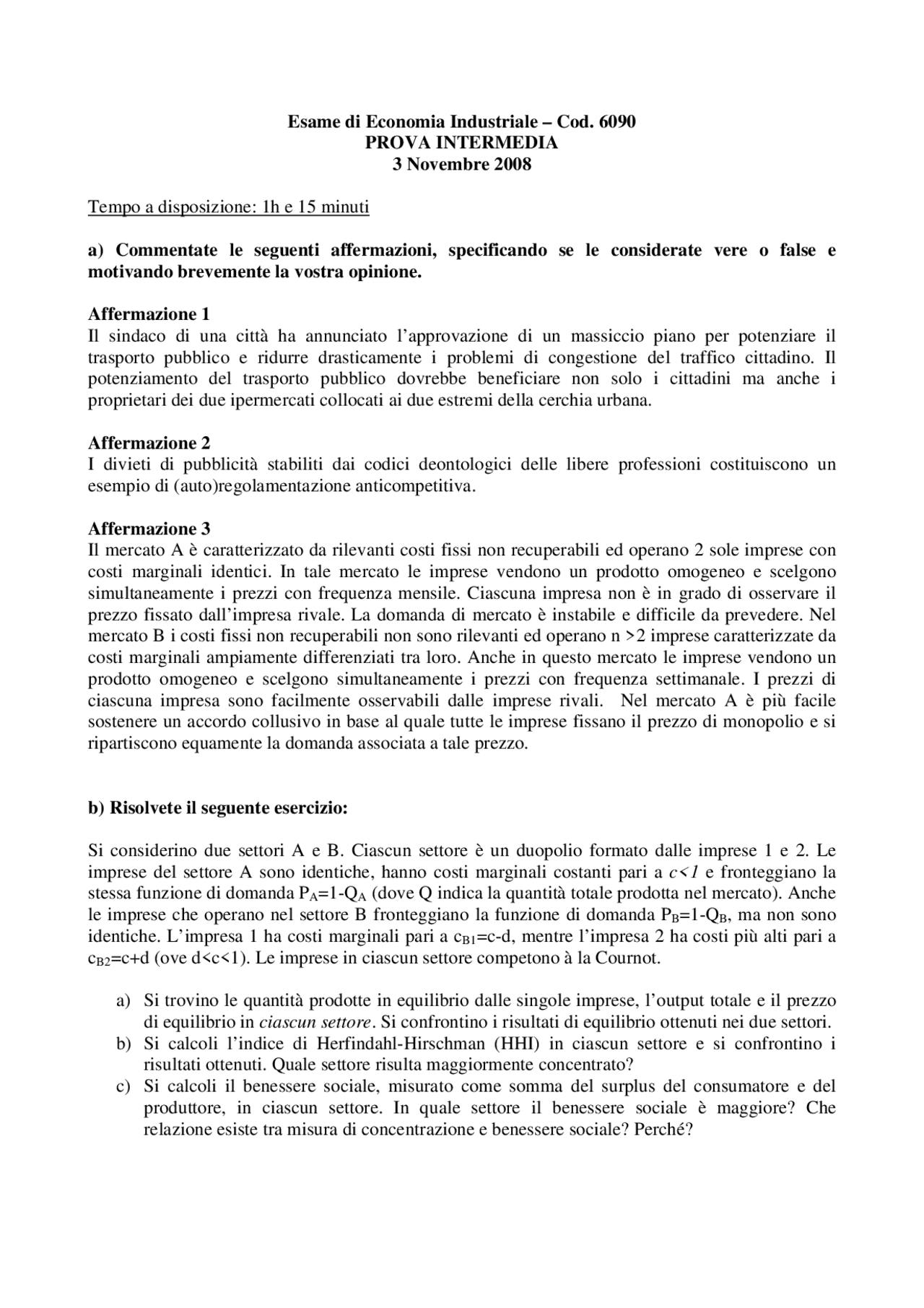 Prova Intermedia Di Economia Per Prepararsi Allesame Docsity