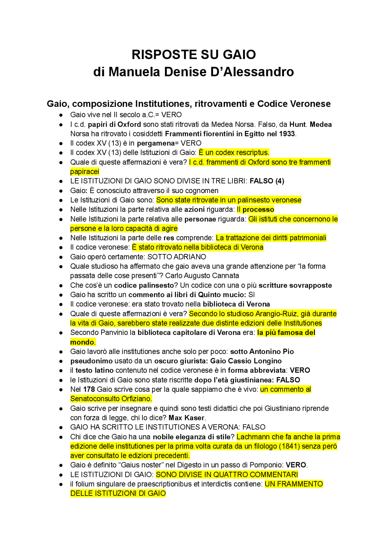 Risposte Test Su Gaio Prove Desame Di Diritto Romano Docsity