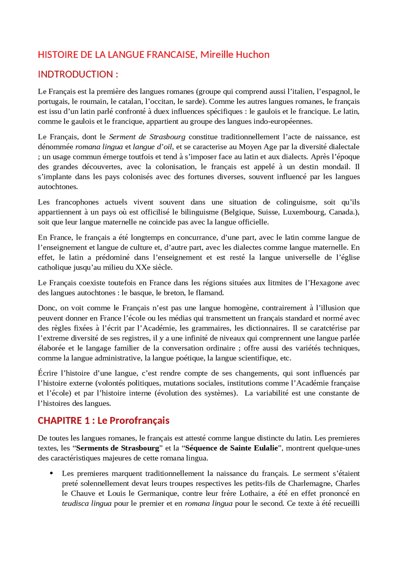 Riassunto Francese 1 Histoire De La Langue Française Docsity