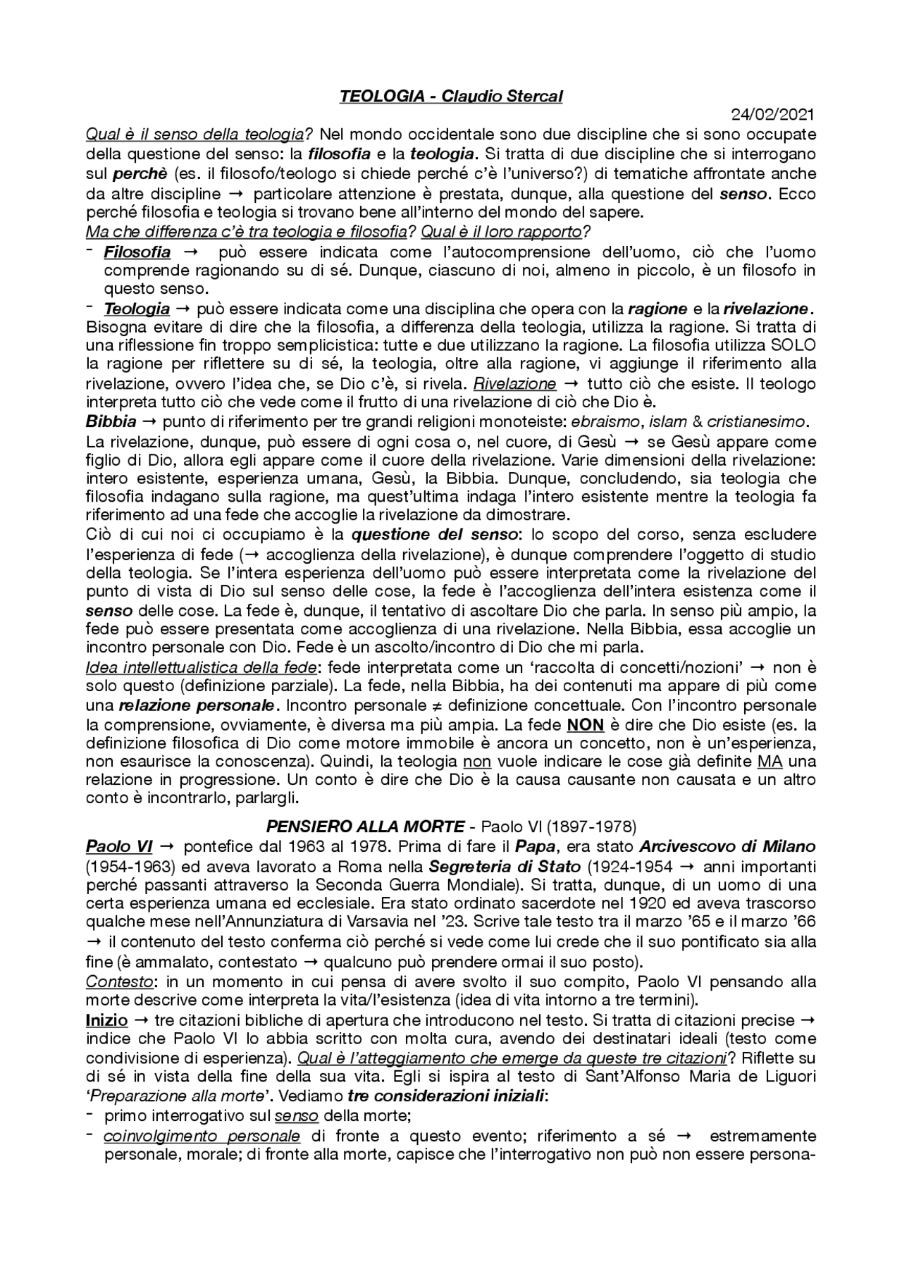 Appunti Di Teologia I Del Prof Stercal Docsity