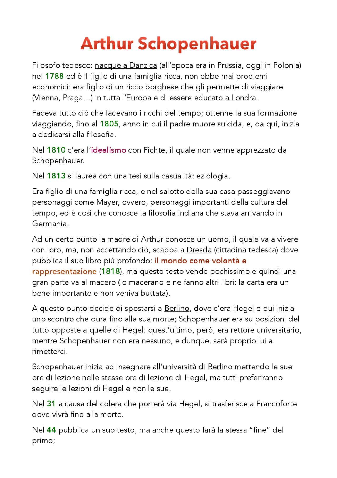 Arthur Schopenhauer - filosofia - Docsity