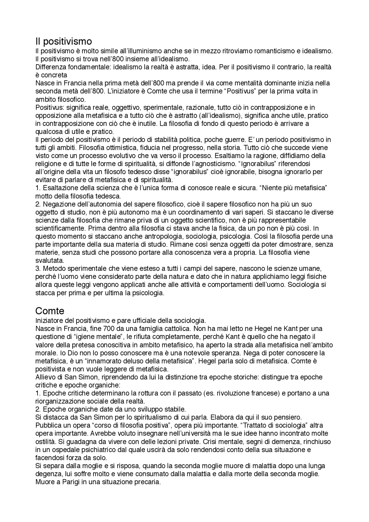 Il Positivismo E Comte Docsity