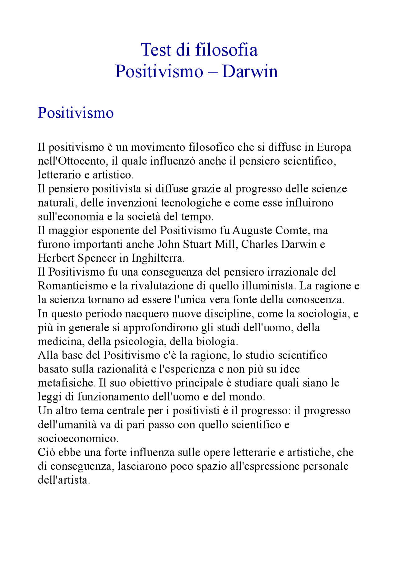 Positivismo E Darwin Docsity