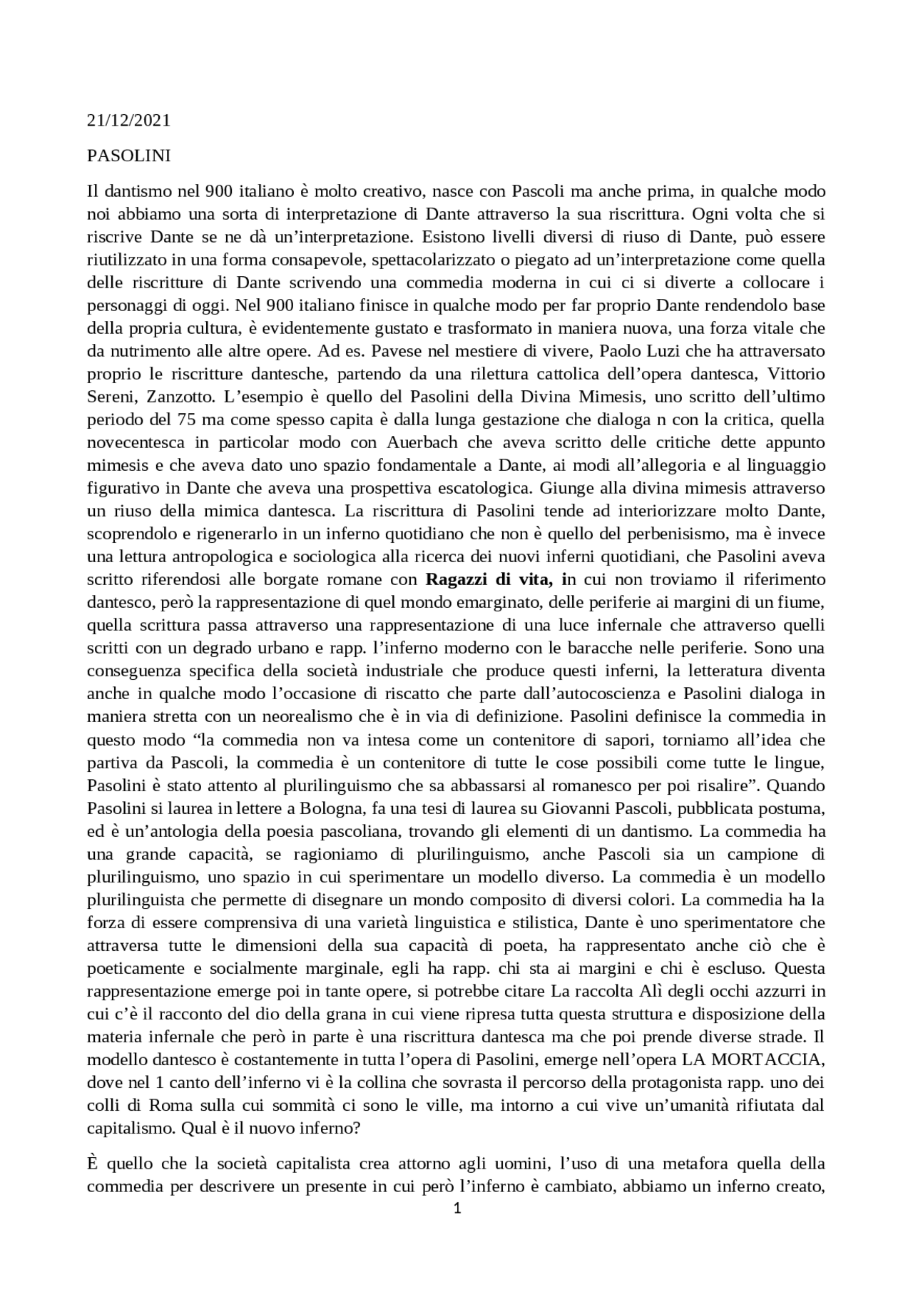 Appunti su Pasolini e le sue opere - Docsity