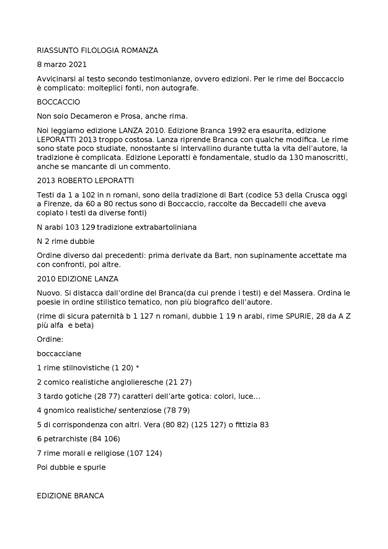 Filologia romanza riassunto sulle RIME DI BOCCACCIO - Docsity