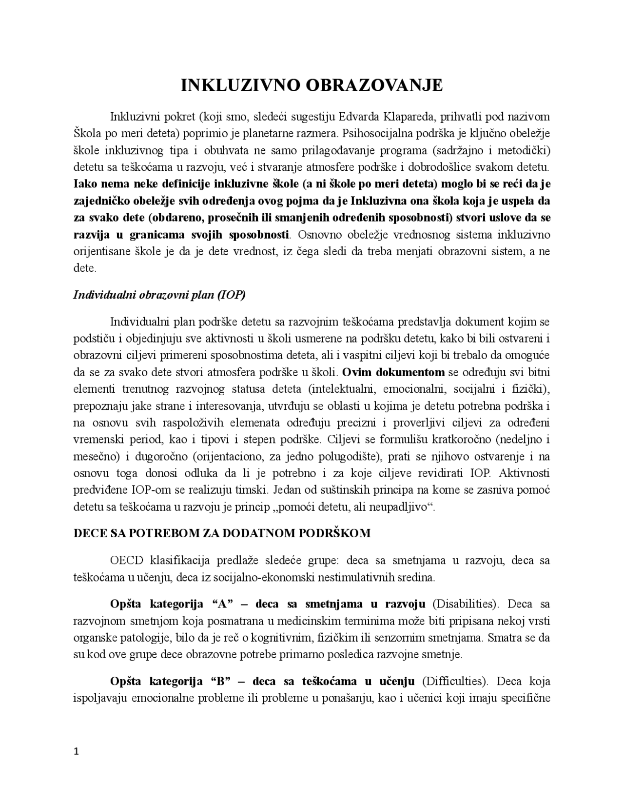 Inkluzivno obrazovanje | Esquemas y mapas conceptuales Psicología | Docsity