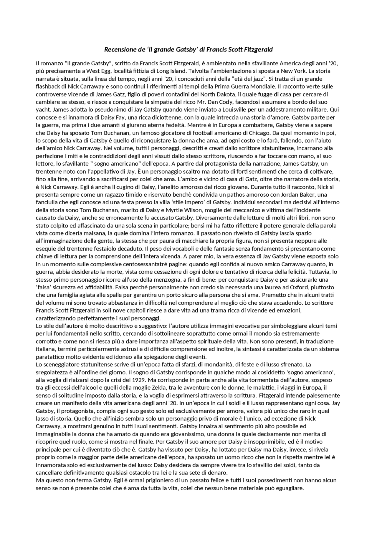 Recensione De Il Grande Gatsby Docsity