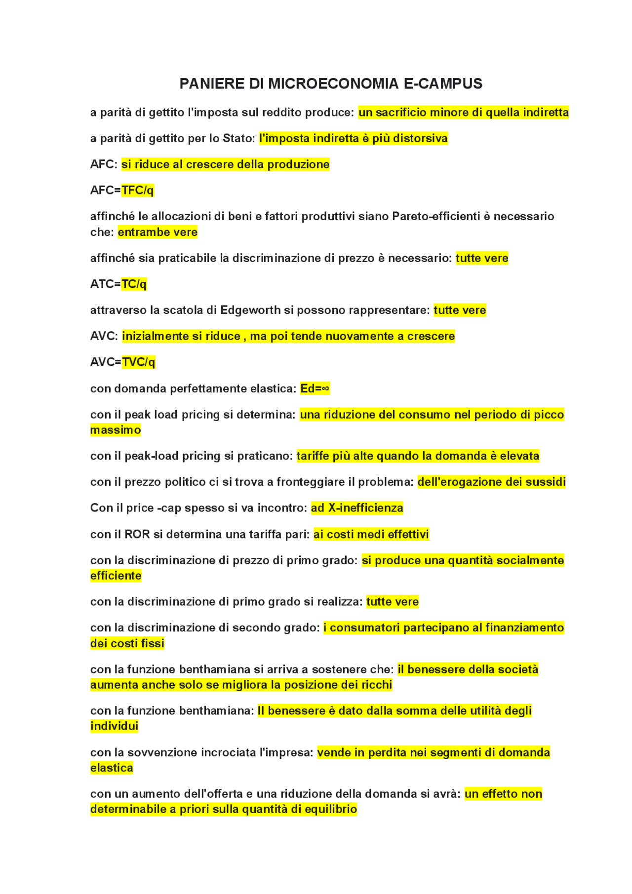 Paniere Di Microeconomia Docsity