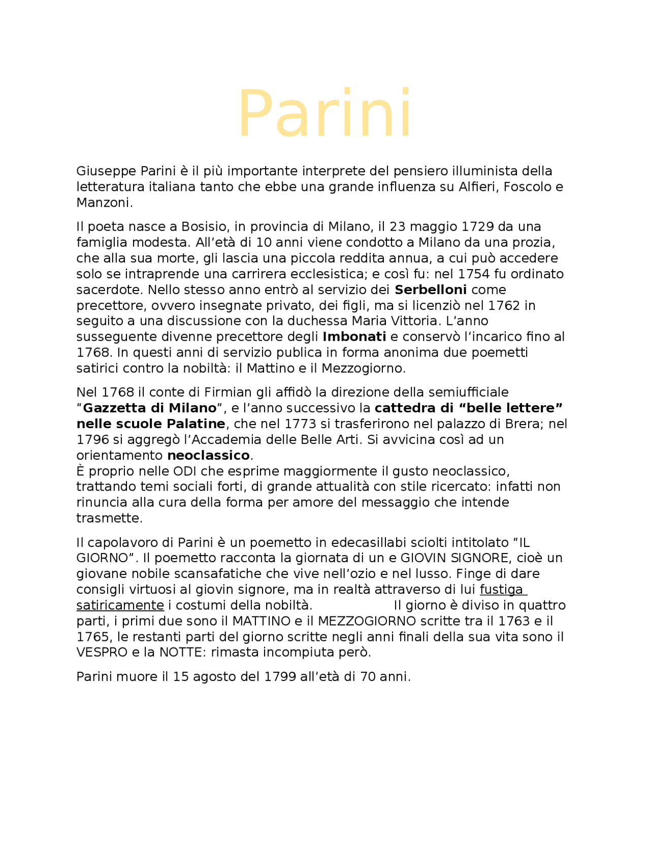 Giuseppe Parini Docsity