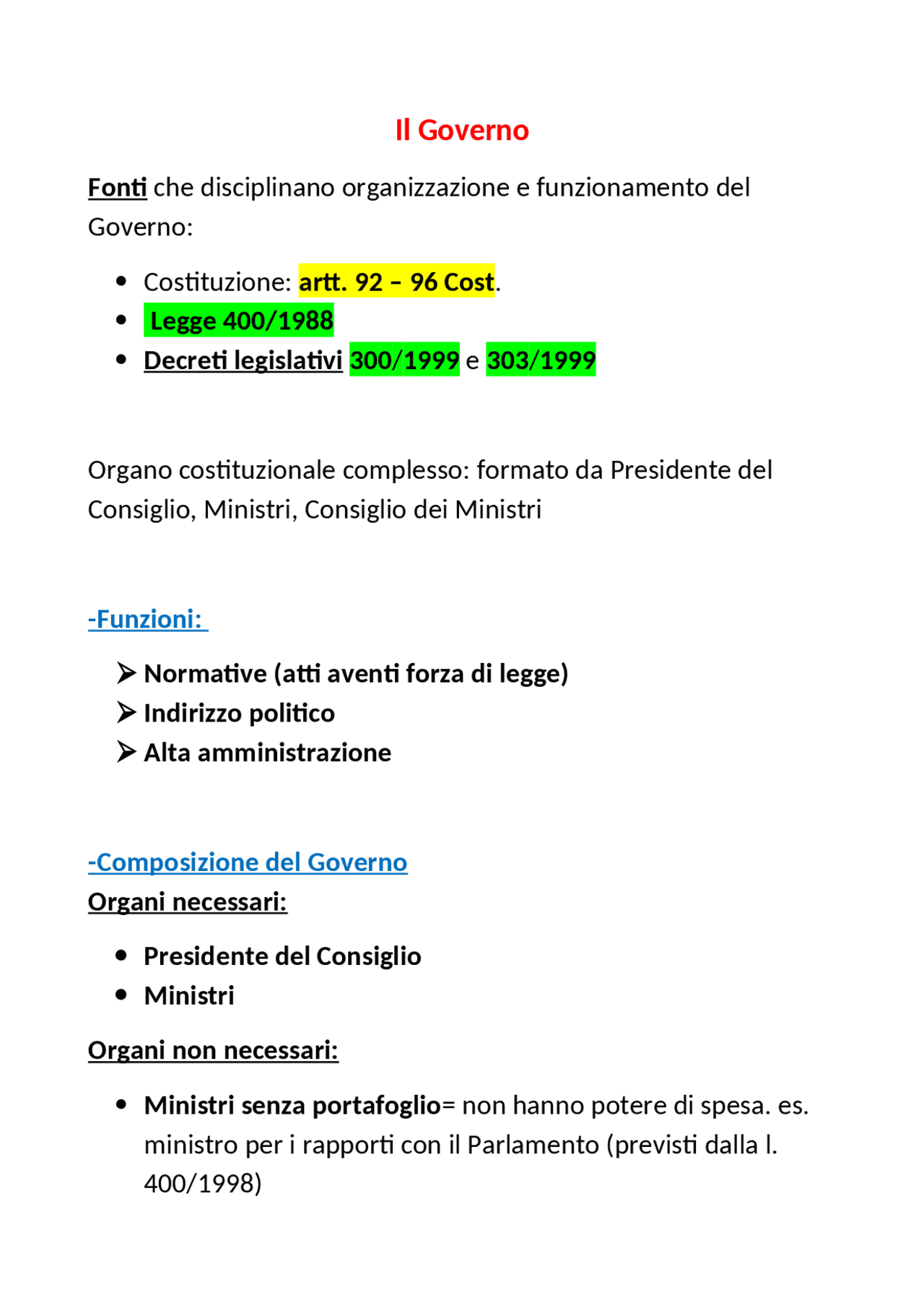 Il Governo italiano, lineamenti - Docsity