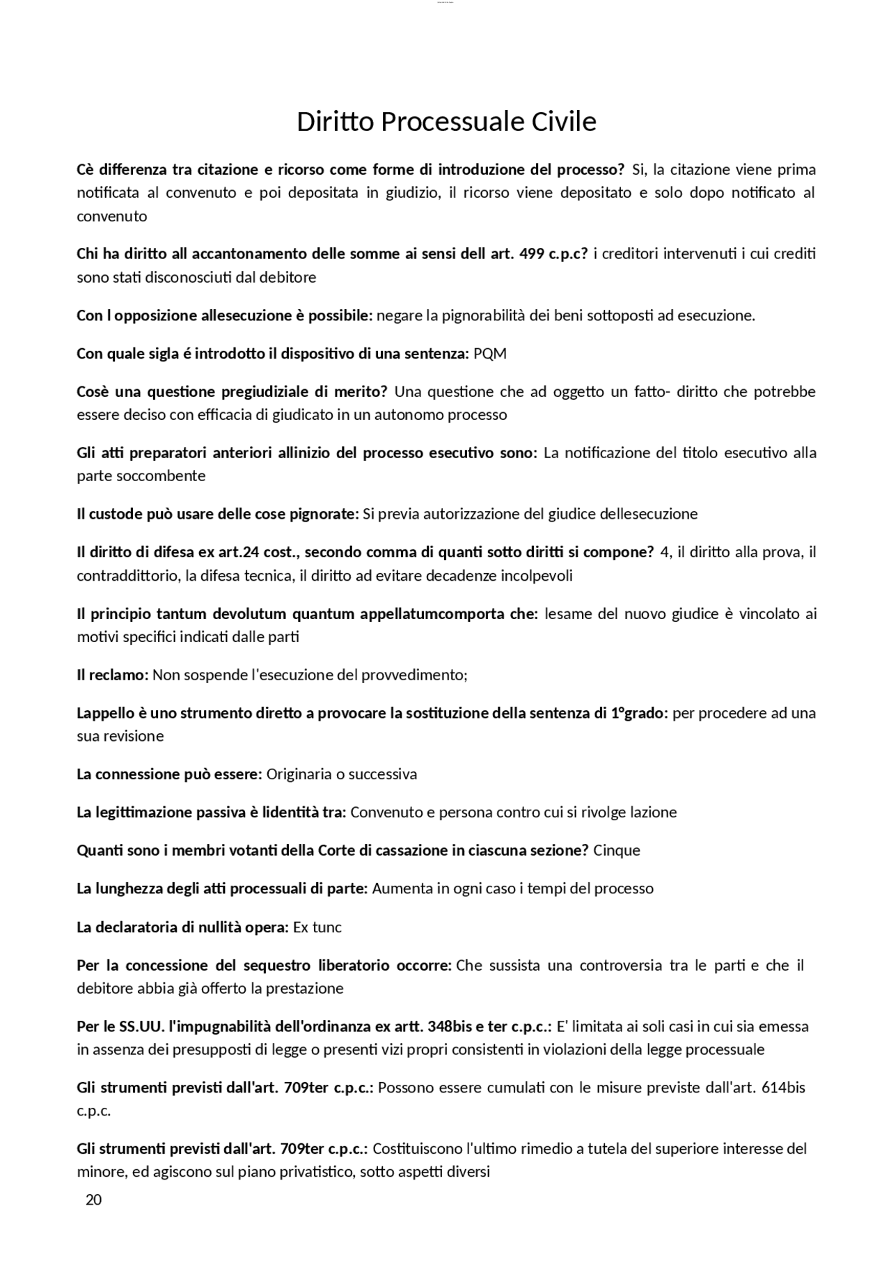 Diritto Processuale Civile - Domande e Risposte - (Università degli Studi Niccolò Cusano - - Docsity